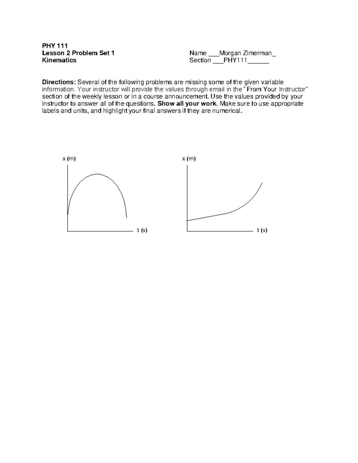 Lesson 2 Problem Set1.completed - PHY 111 Lesson 2 Problem Set 1 Name ...