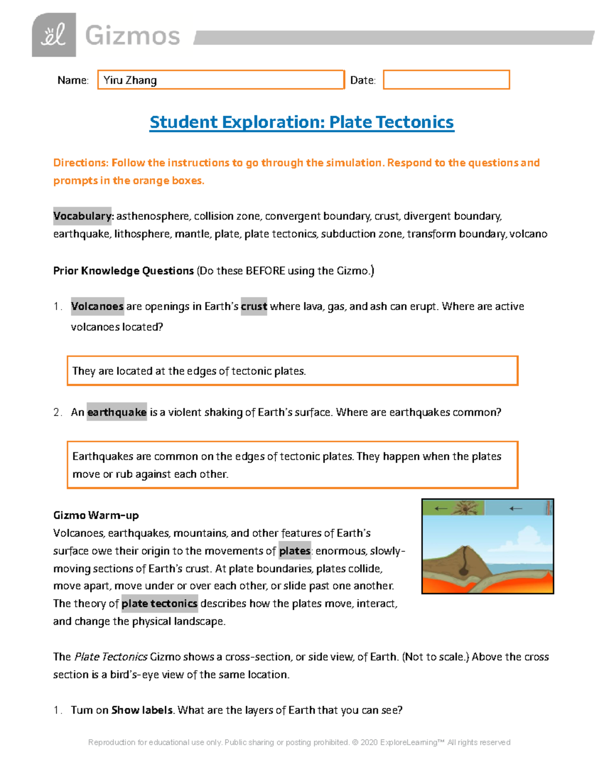 Plate Tectonics Gizmo - Name: Yiru Zhang Date: Student Exploration ...