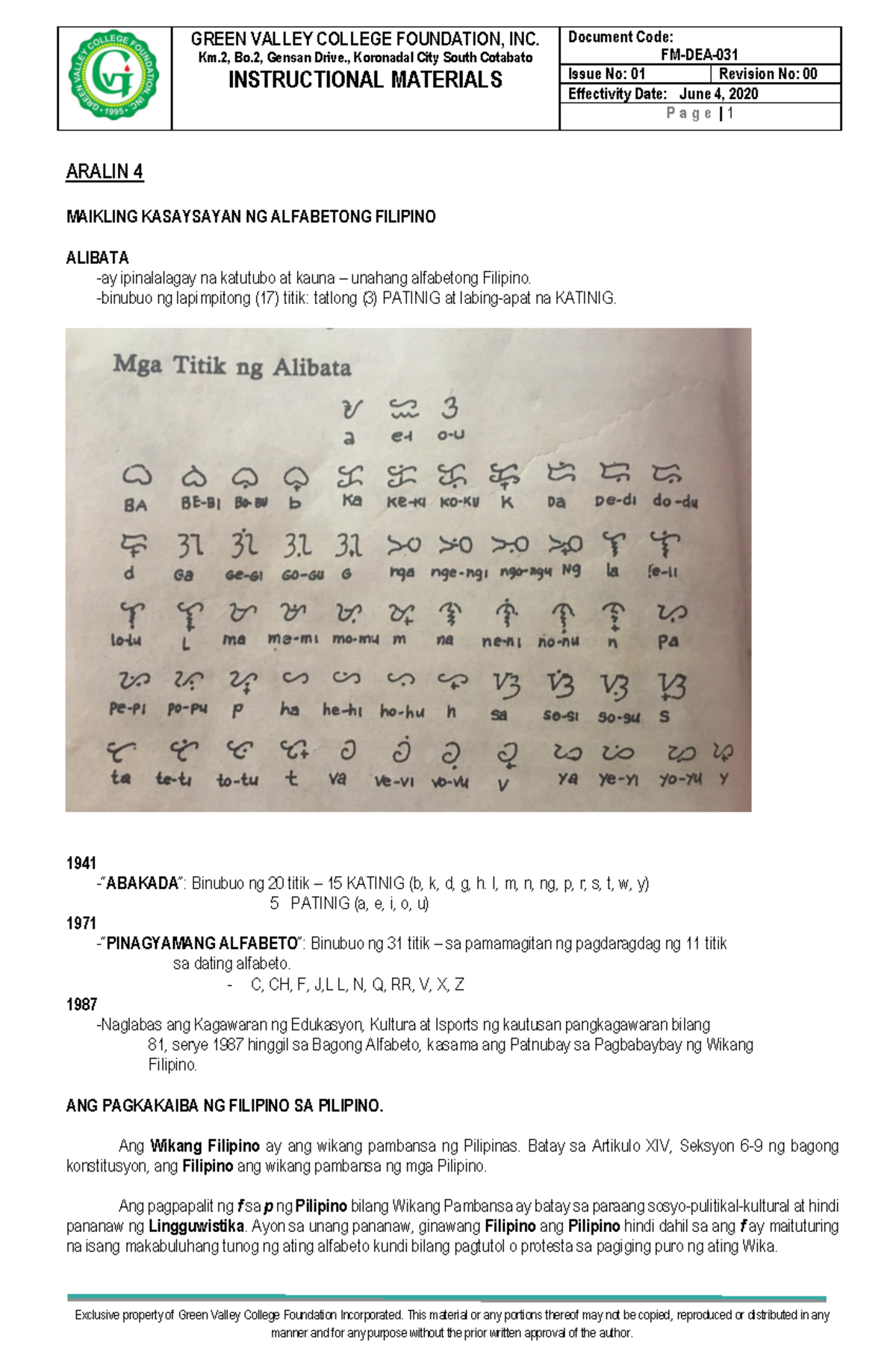 Aralin 4 - fil 1 - GREEN VALLEY COLLEGE FOUNDATION, INC. Km, Bo, Gensan ...