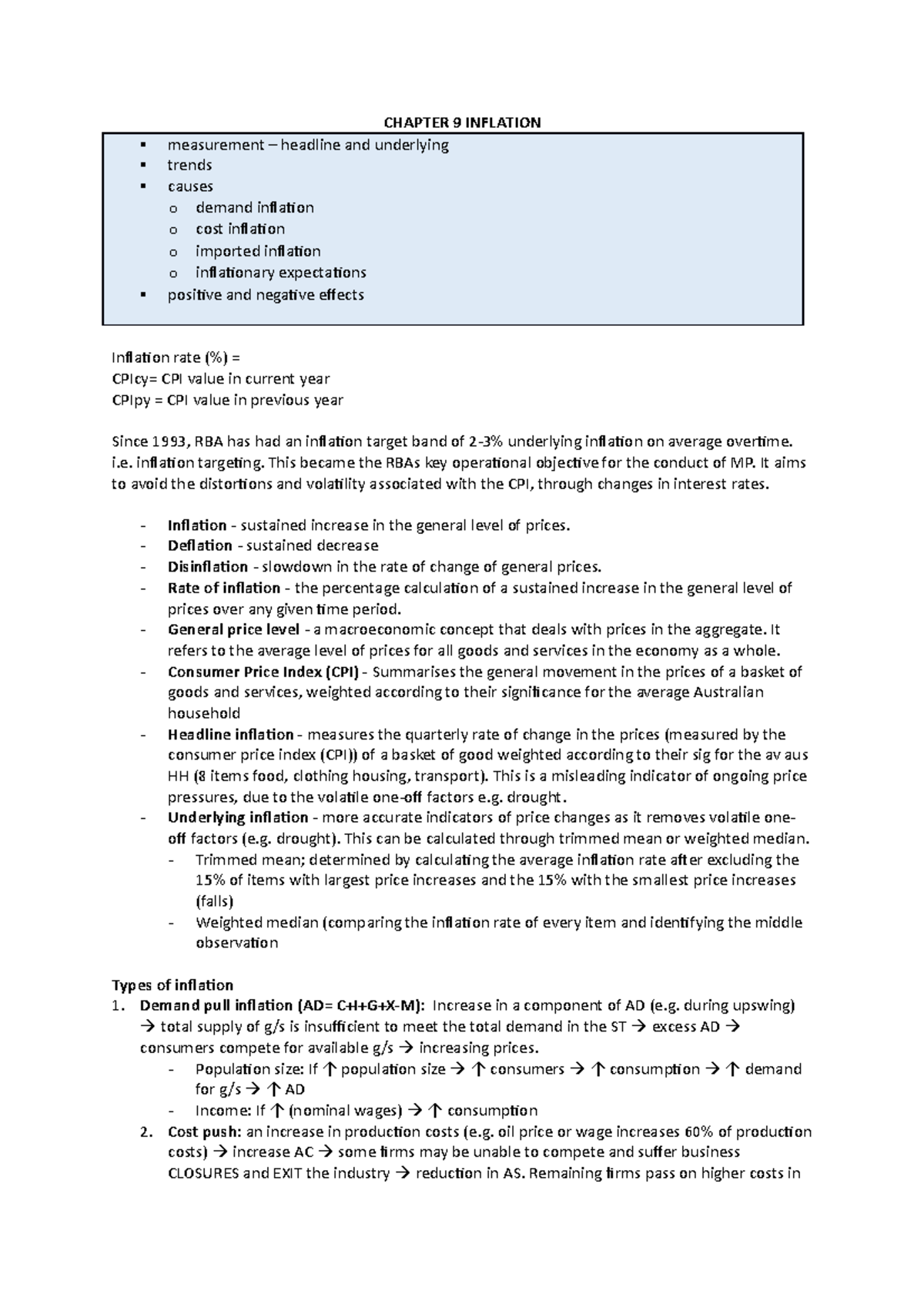ECON1102 Notes - CH9 Inflation - CHAPTER 9 INFLATION measurement ...