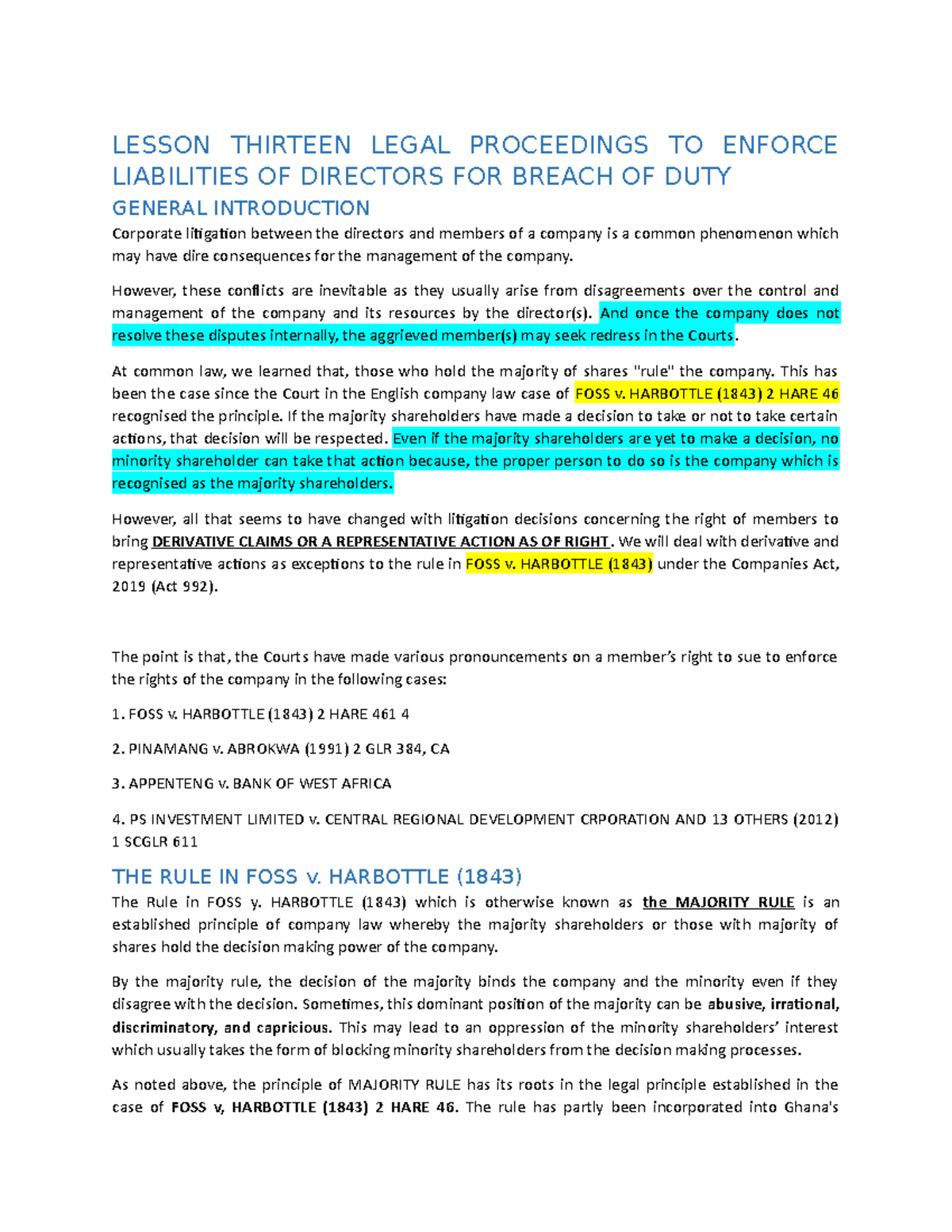 Lesson Thirteen Legal Proceedings TO Enforce Liabilities OF Directors ...