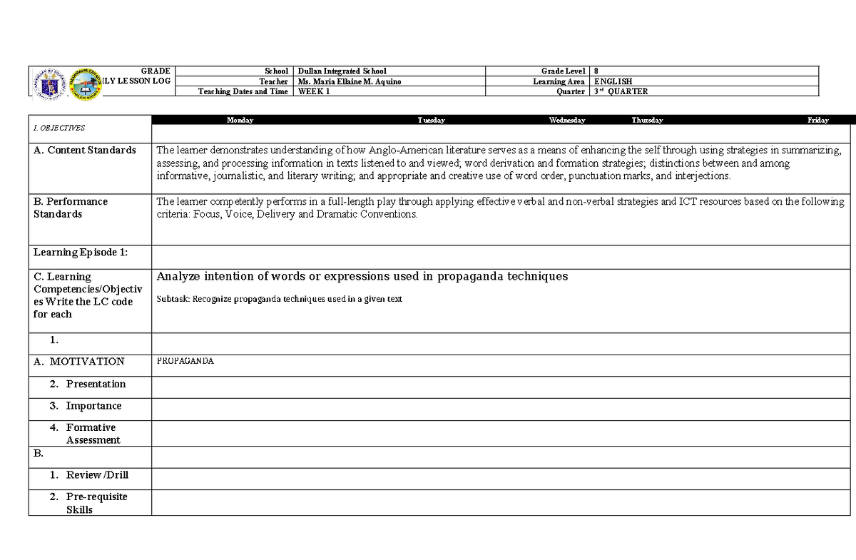 WEEK-1-1 - Essential Materials - GRADE DAILY LESSON LOG School Dullan ...