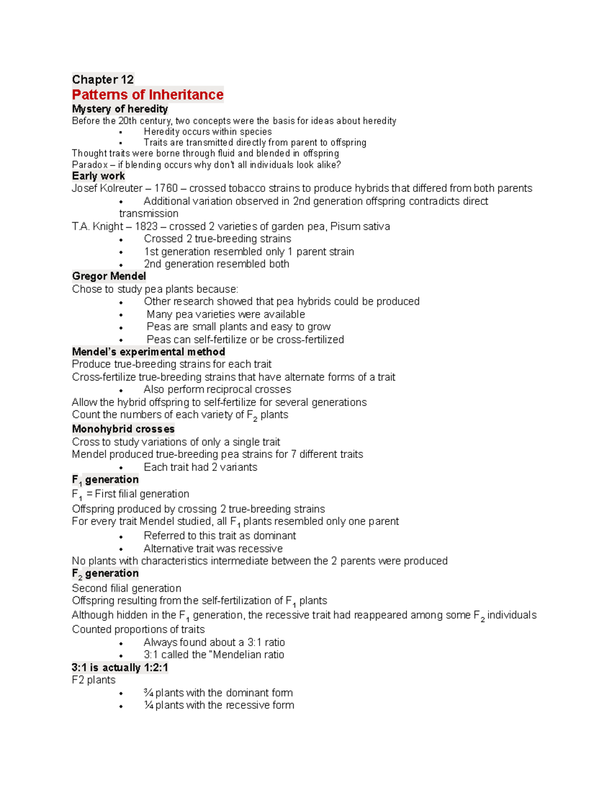 Chapter 12 - notes - Chapter 12 Patterns of Inheritance Mystery of ...