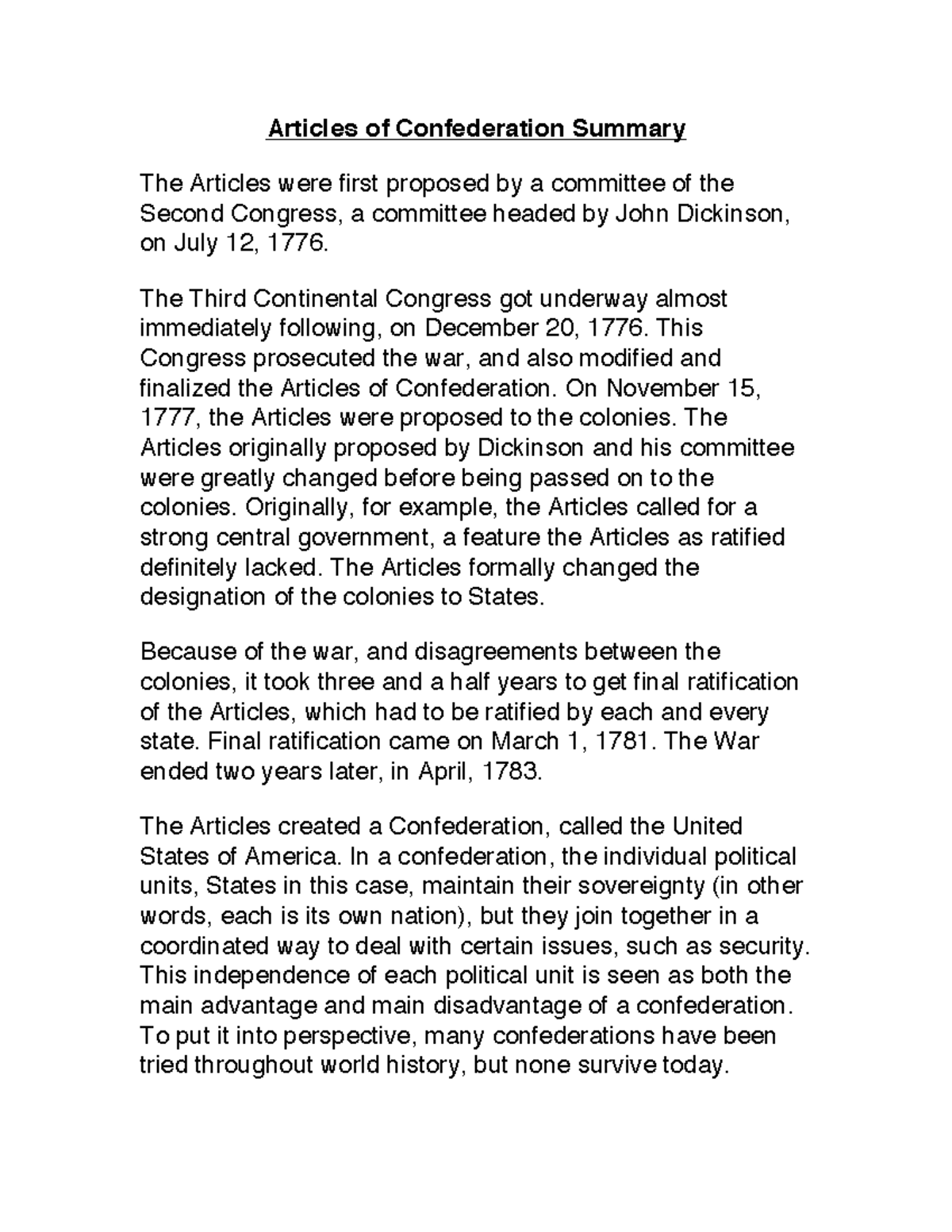 Articles of confederation summary - Articles of Confederation Summary ...