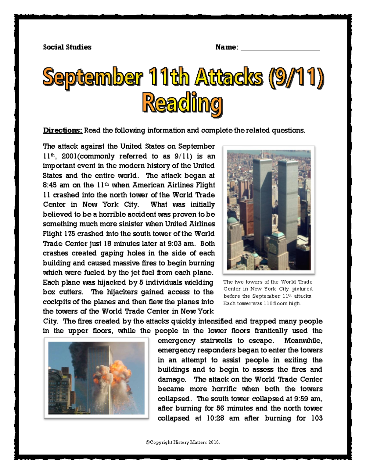 September 11Attacks Readingand Questionswith Key 911-2 dragged - Social ...