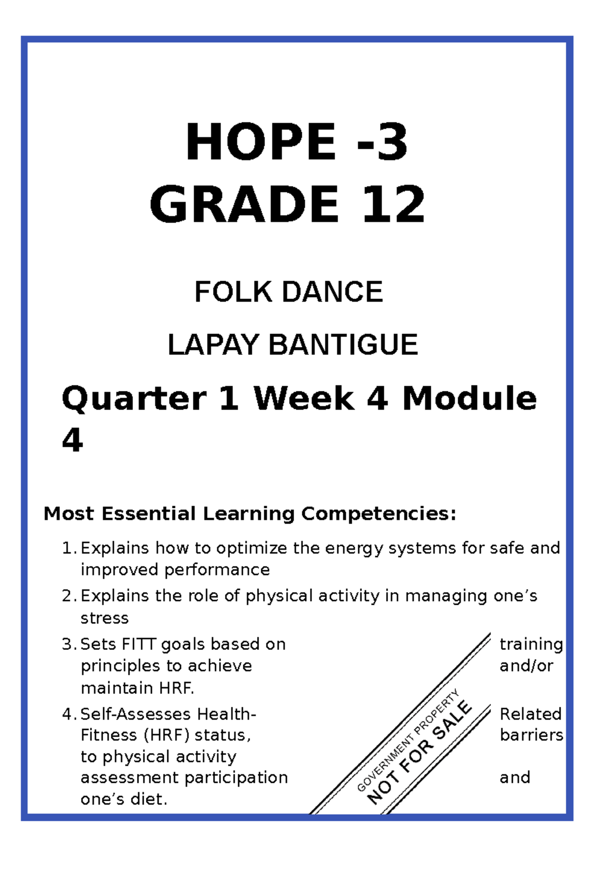 HOPE-3 Q1 W4 Mod4 - HOPE AND CPAR12 - HOPE - GRADE 12 FOLK DANCE LAPAY ...