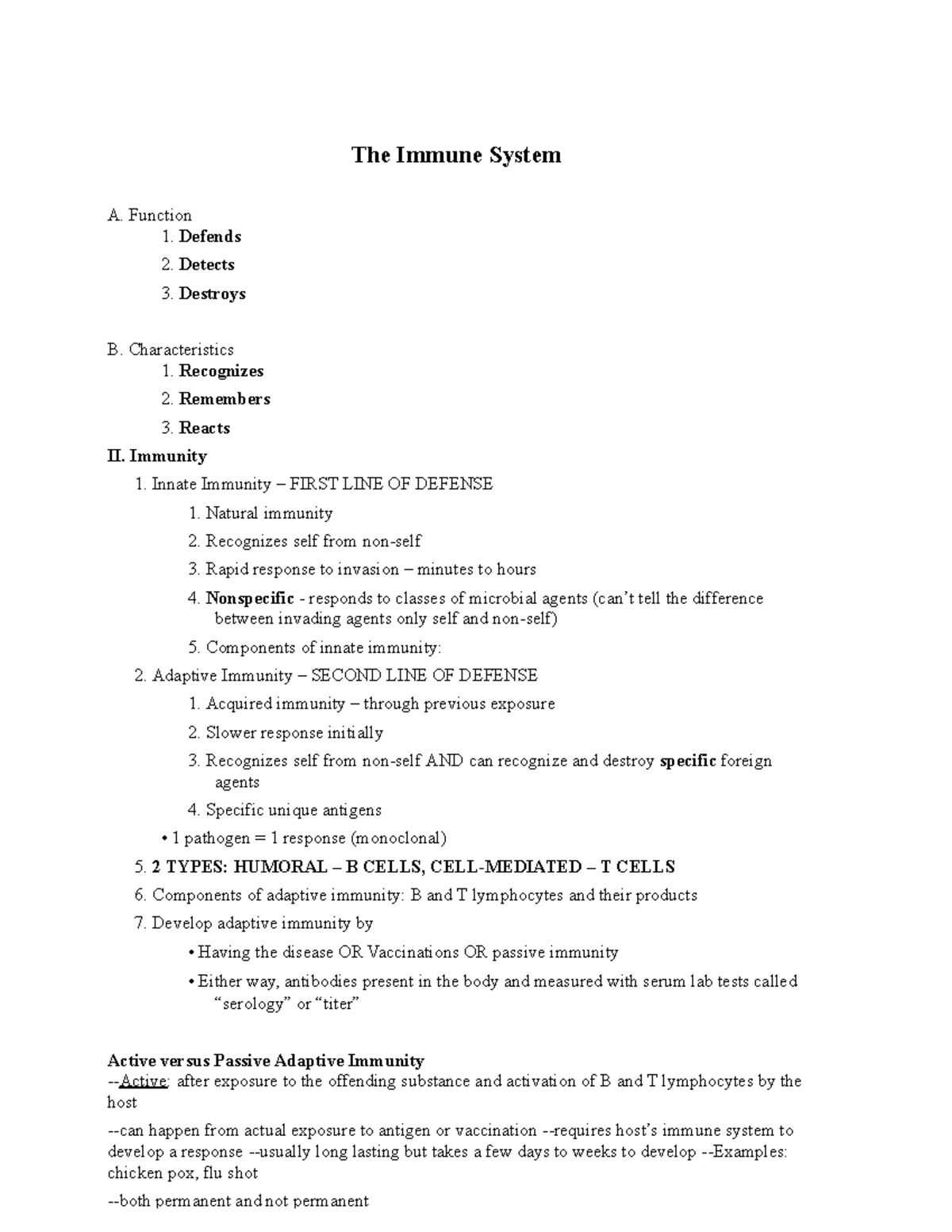 The Immune System - Lecture notes 2 - The Immune System A. Function 1 ...
