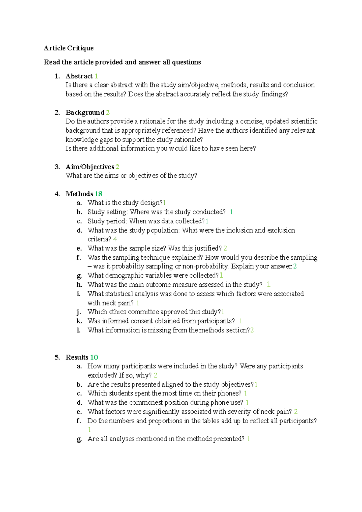 Article Critique questions 2023 - Article Critique Read the article ...