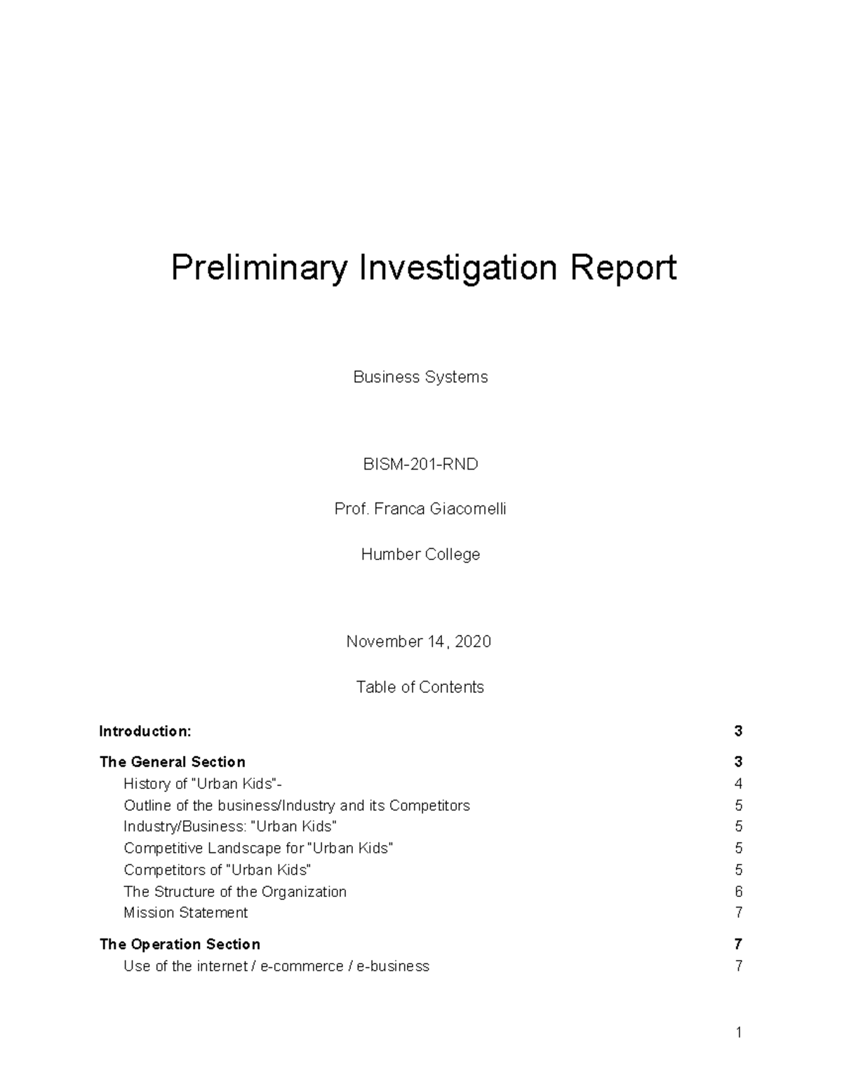 Preliminary Report-BISM 201 - Preliminary Investigation Report Business ...