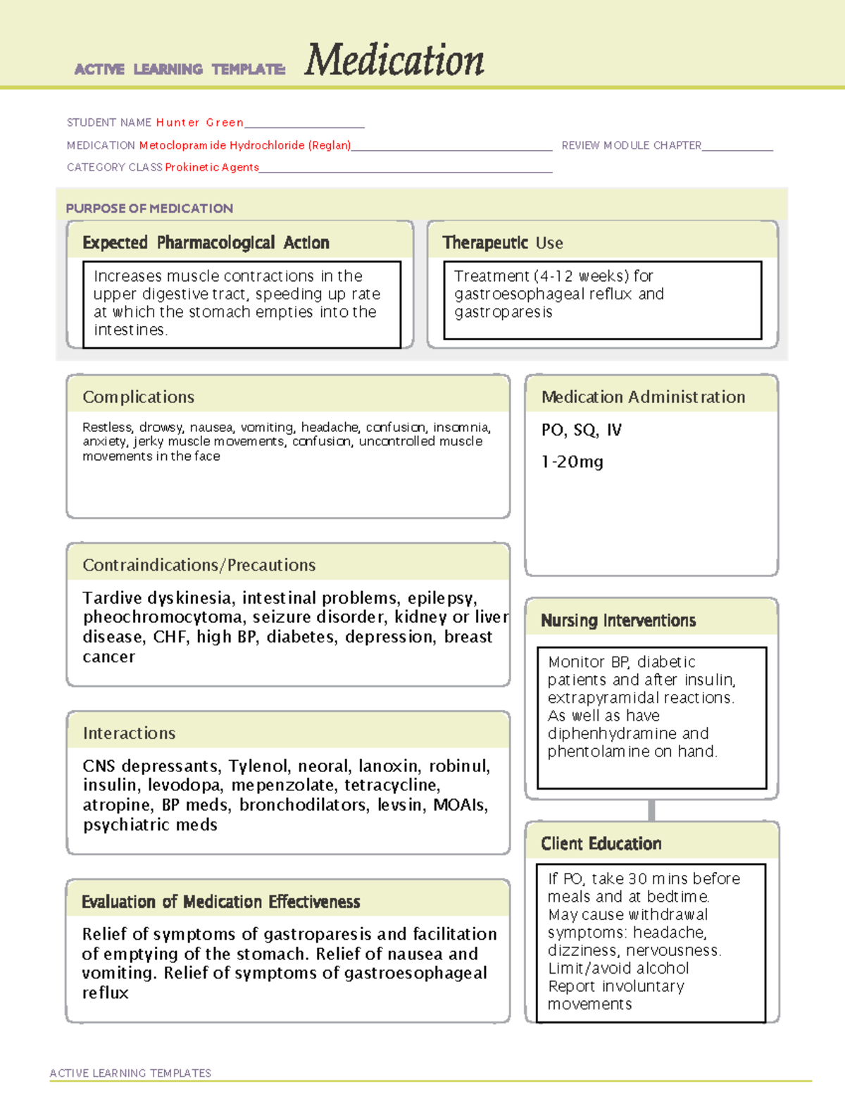 Metoclopramide (Reglan) - Use PURPOSE OF MEDICATION STUDENT NAME H u n ...