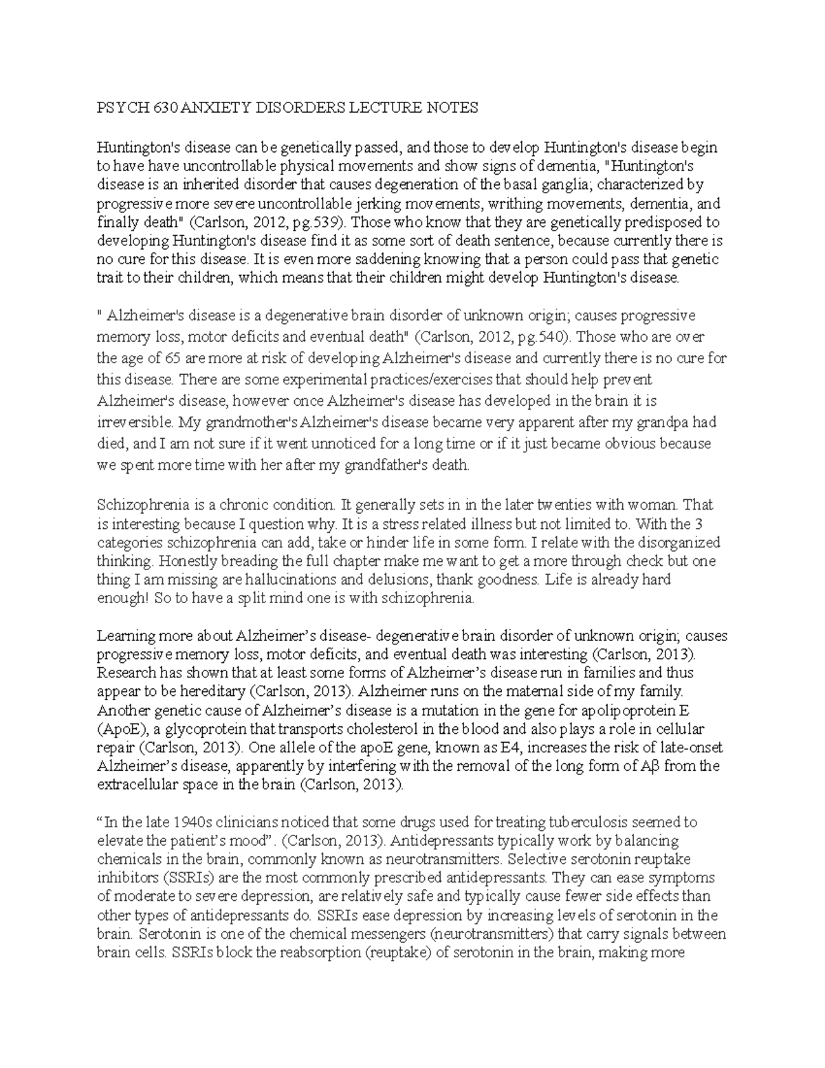 PSYCH 630 Anxiety Disorders Lecture Notes - PSYCH 630 ANXIETY DISORDERS ...