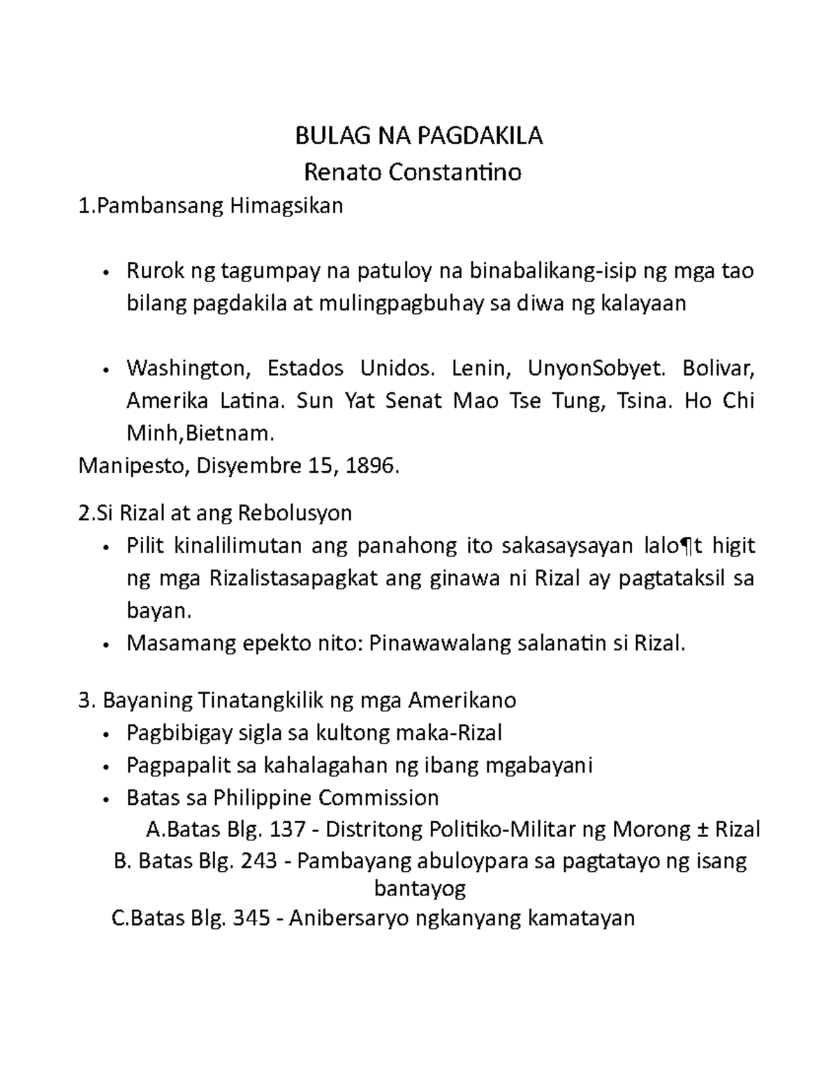 Rizal - BULAG NA PAGDAKILA Renato Constantino 1 Himagsikan Rurok ng ...
