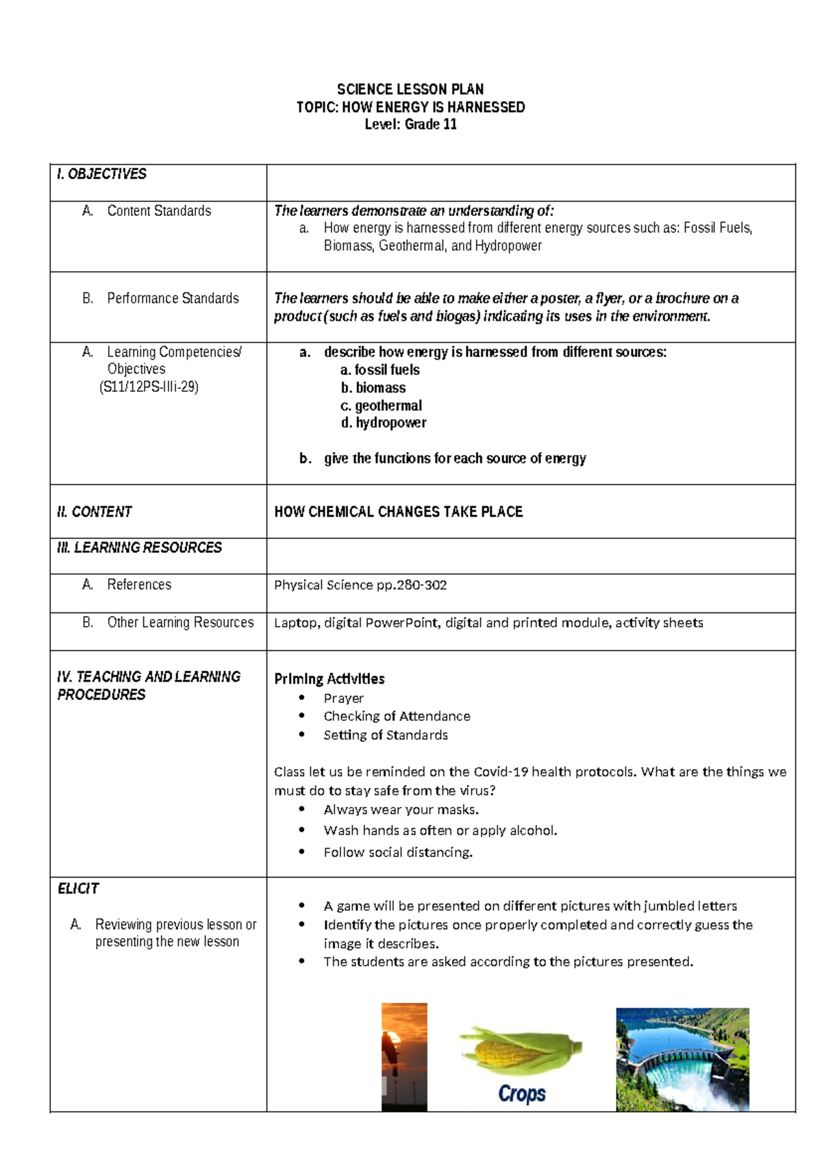 Lesson Plan - SCIENCE LESSON PLAN TOPIC: HOW ENERGY IS HARNESSED Level ...