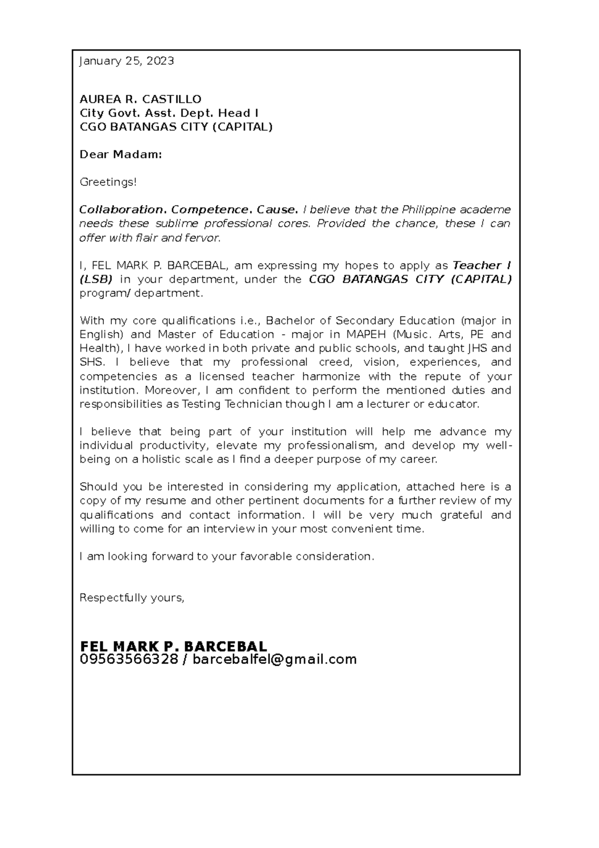 Letter of Application - CSC - January 25, 2023 AUREA R. CASTILLO City ...