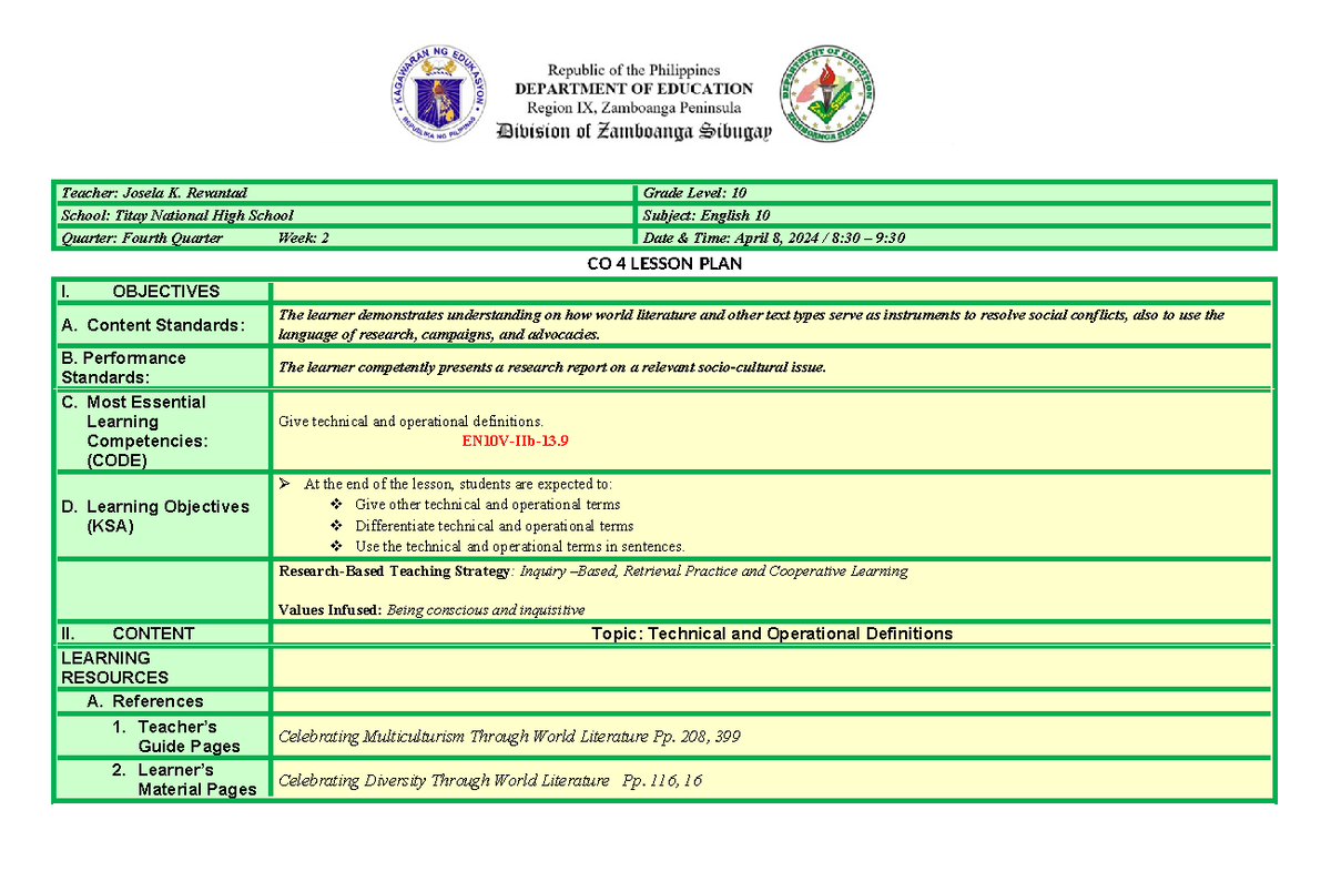 CO4 Maam Jo Final - for co - Teacher: Josela K. Revantad Grade Level ...