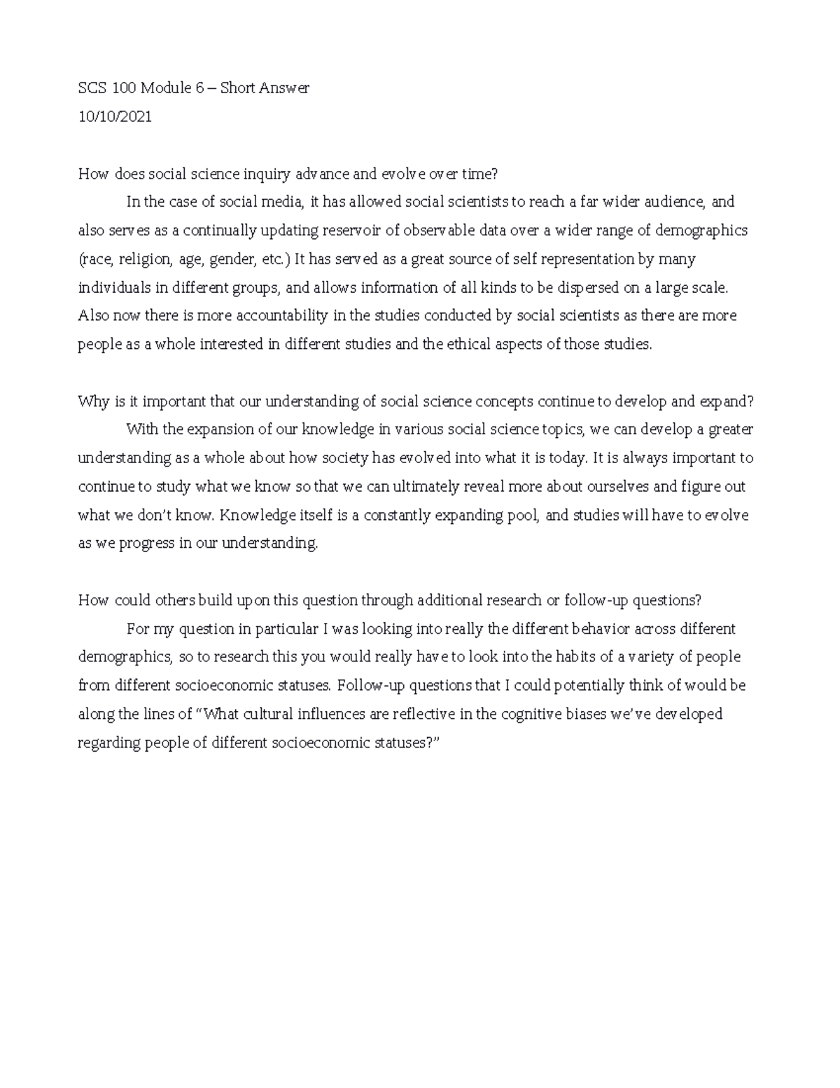 SCS 100 Module 6 Short Answer - SCS 100 Module 6 – Short Answer 10/10 ...