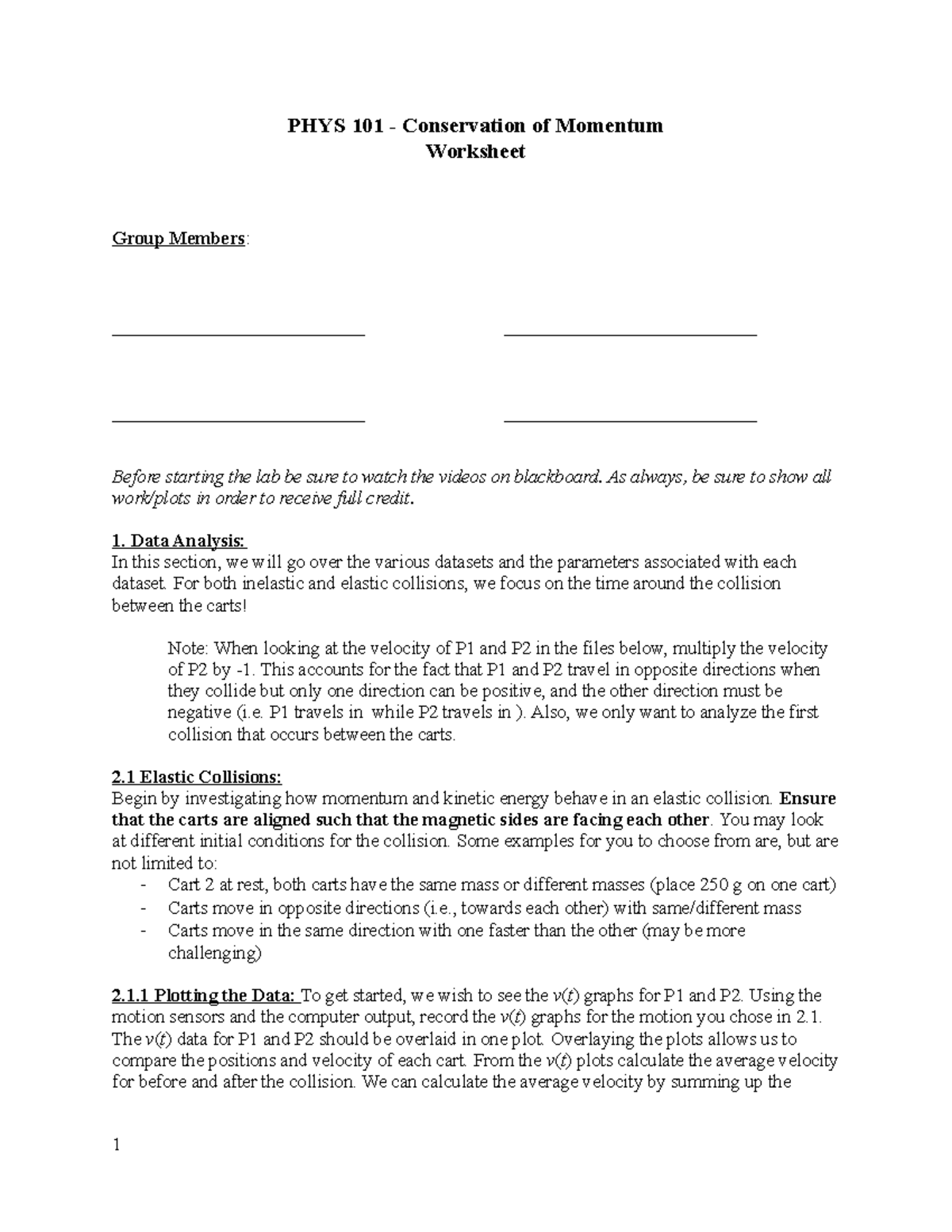 PHYS 101 Lab 4 Worksheet - PHYS 101 - Conservation of Momentum ...