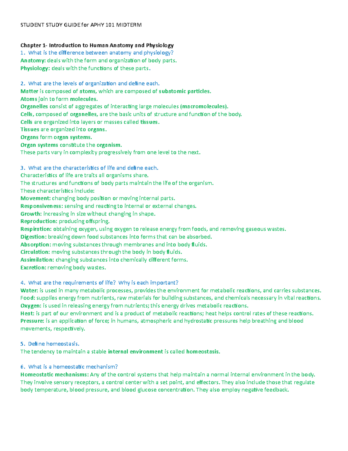 Midterm study guide - Chapter 1- Introduction to Human Anatomy and ...