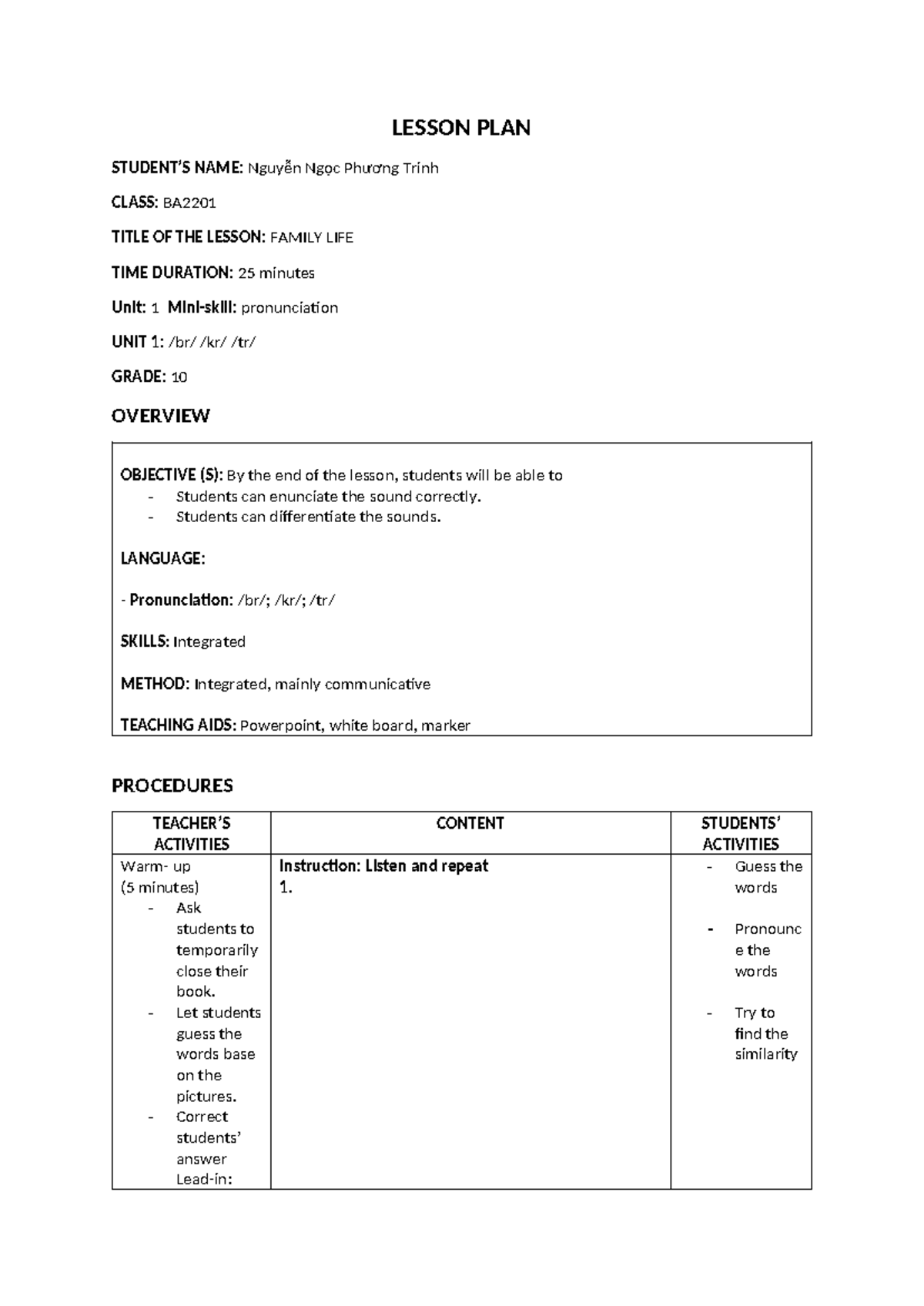 Lesson plan Pronunciation Nguyễn Ngọc Phương Trinh - LESSON PLAN ...