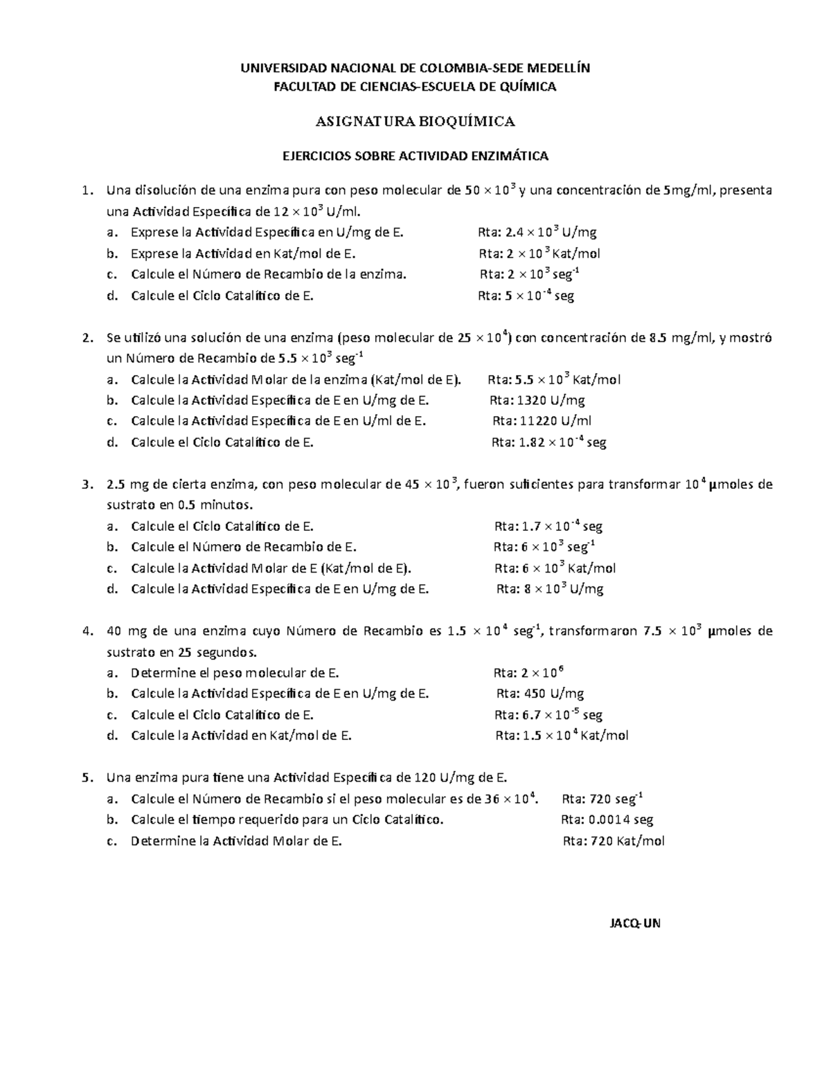 Ejercicios sobre actividad enzimática - UNIVERSIDAD NACIONAL DE ...