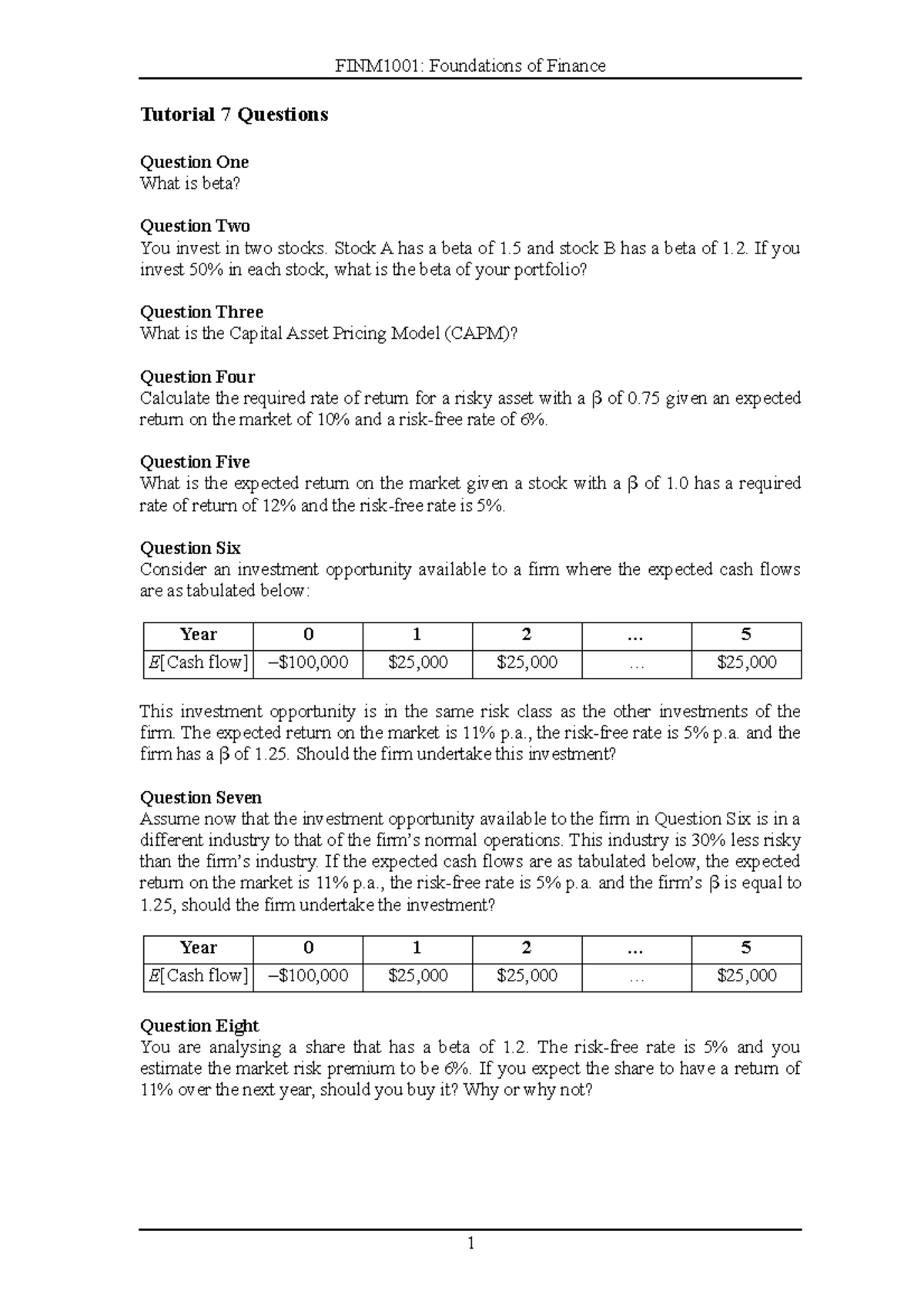 Tutorial 7 Questions - FINM1001: Foundations of Finance Tutorial 7 ...