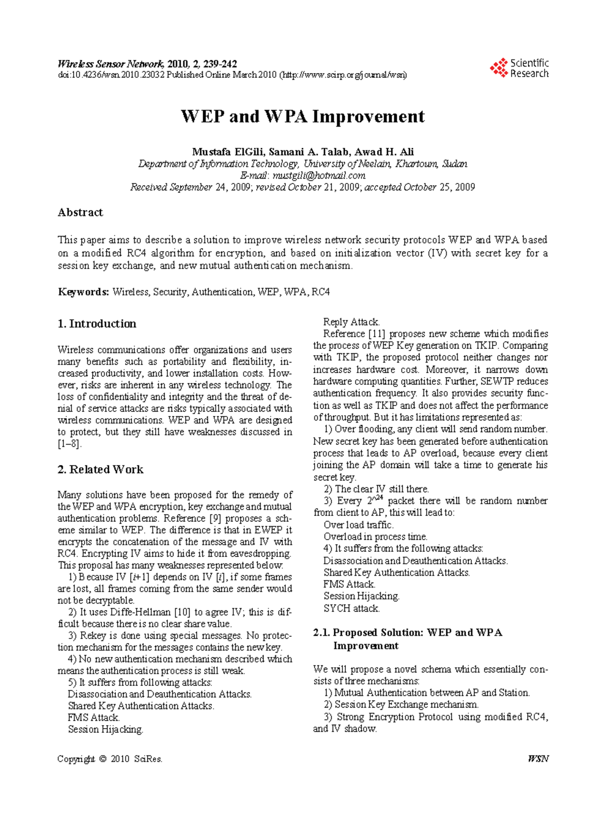 WEP and WPA Improvement - Wireless Sensor Network, 2010 , 2 , 239- doi ...