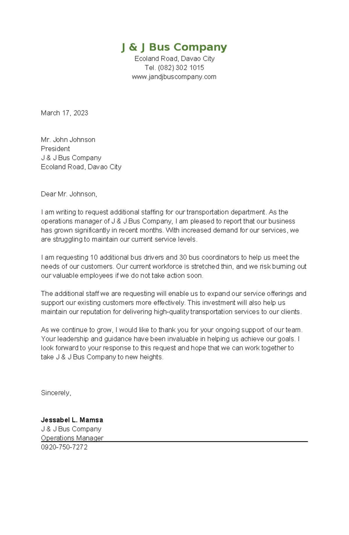 Request Letter - J & J Bus Company Ecoland Road, Davao City Tel. (082 ...