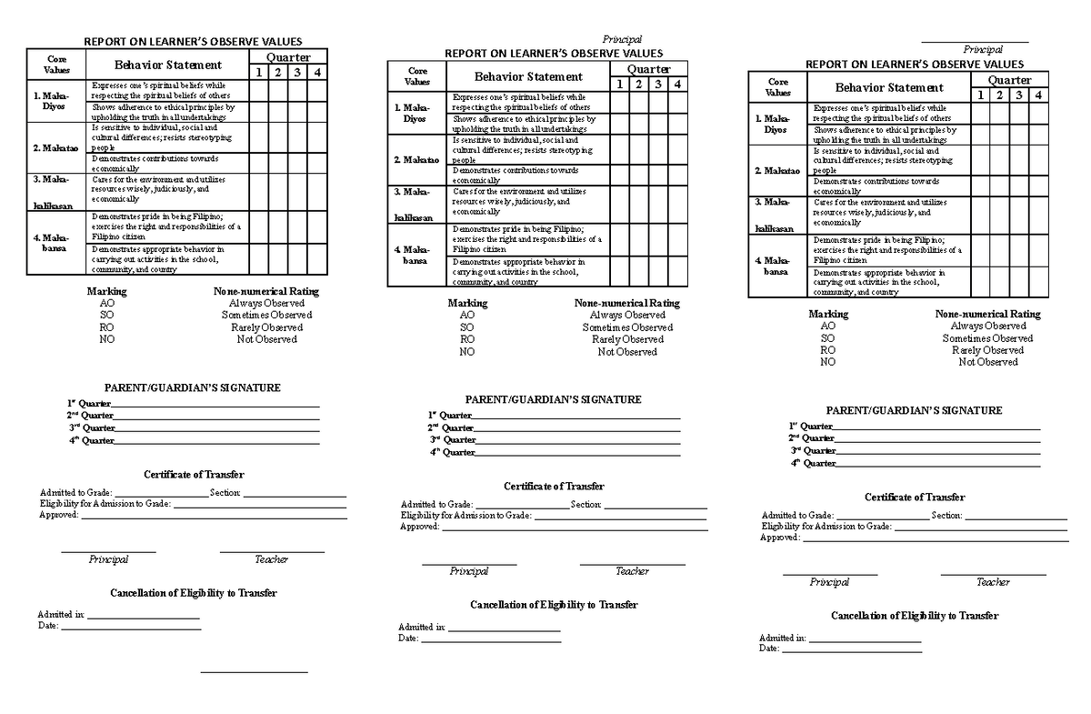 Card-Back 2021 - CARD - REPORT ON LEARNER’S OBSERVE VALUES Core Values ...