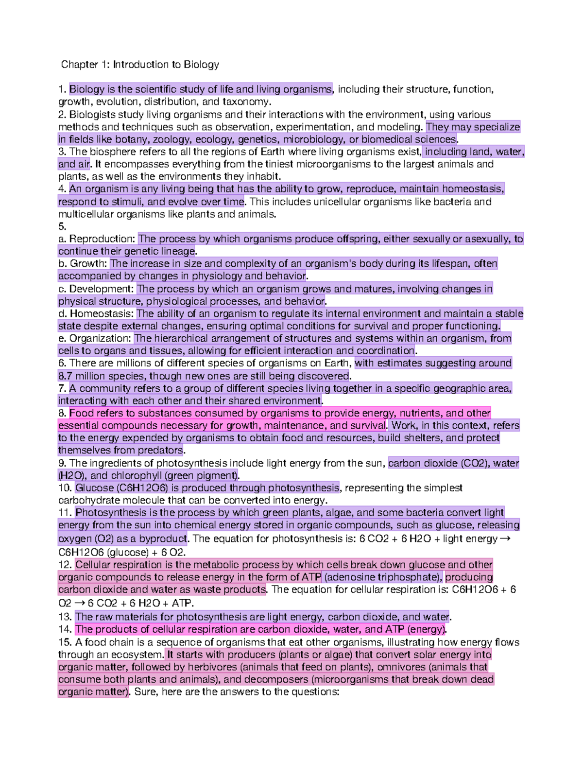 Bio rev answers - Bio - Chapter 1: Introduction to Biology Biology is ...