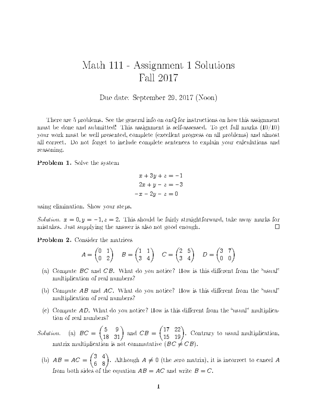Assignment 1 - Solutions - Math 111 - Assignment 1 Solutions Fall 2017 ...