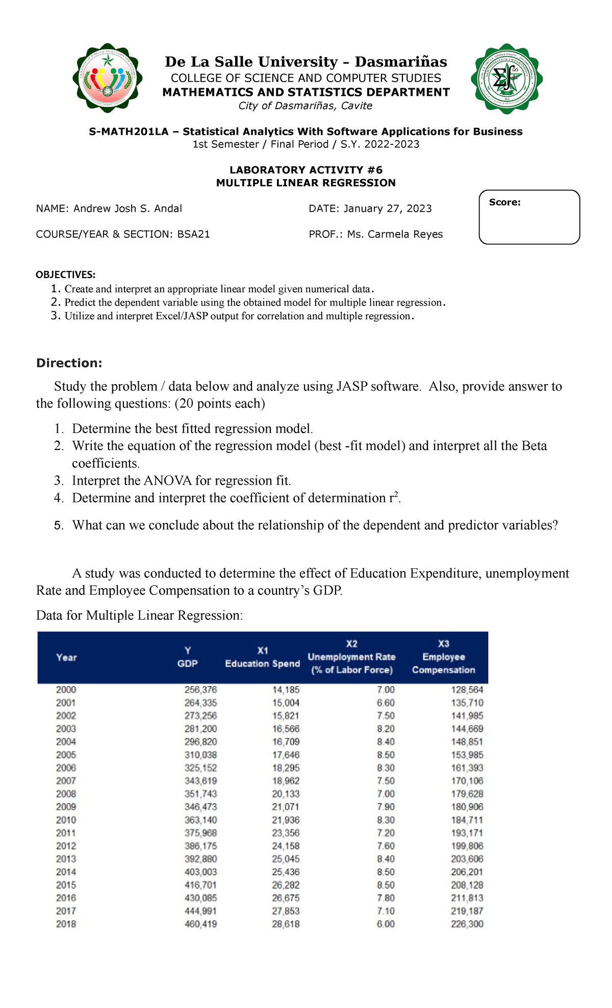 BSA21 Labaratory Exercise 6 - De La Salle University – Dasmariñas COLLEGE OF SCIENCE AND ...