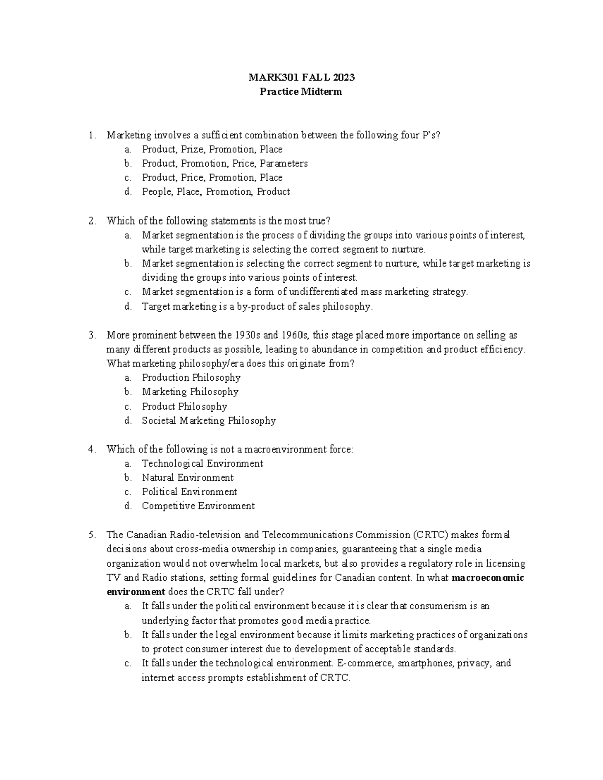 MARK301 Practice Midterm - MARK301 FALL 2023 Practice Midterm Marketing ...