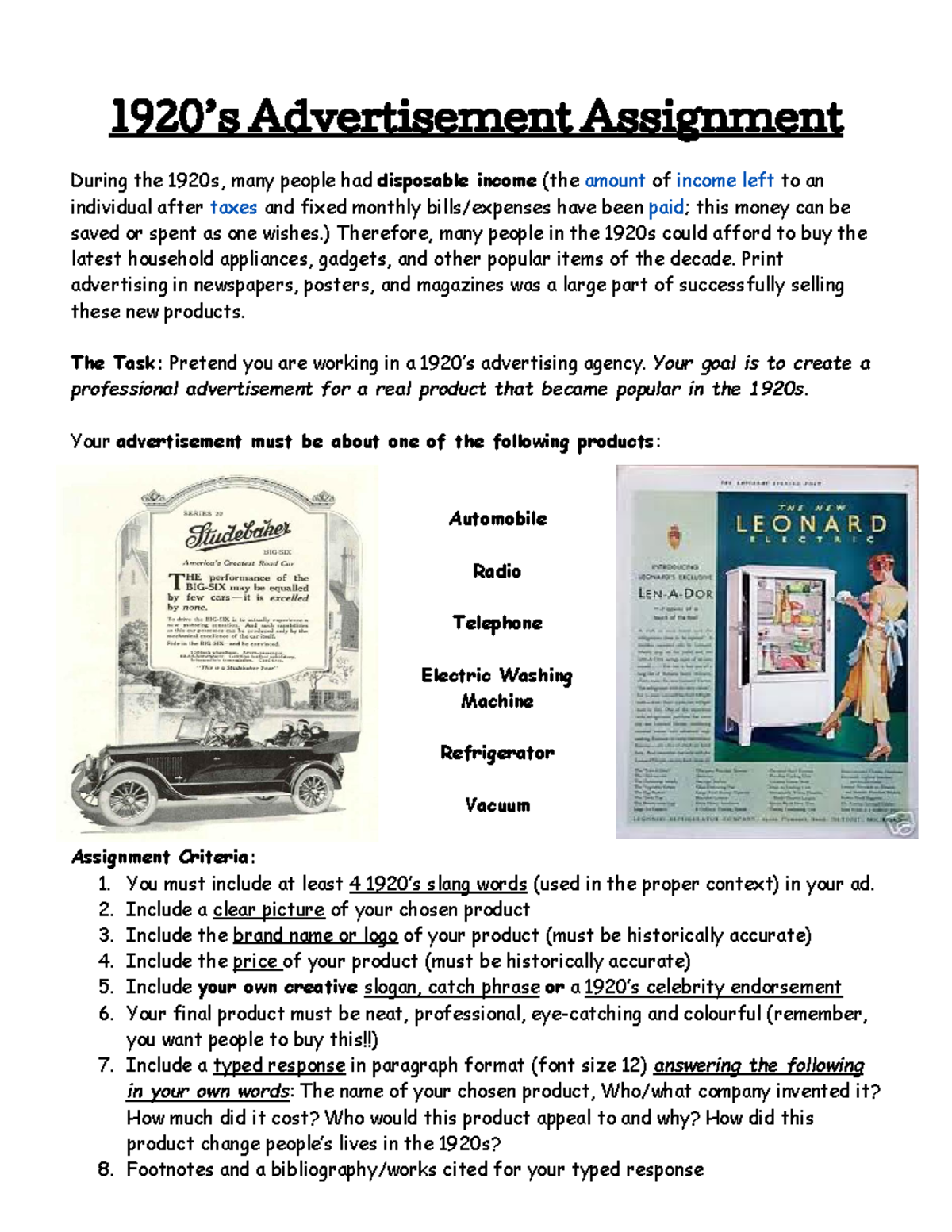 1920s Advertisement Assignment - 1920’s Advertisement Assignment During ...