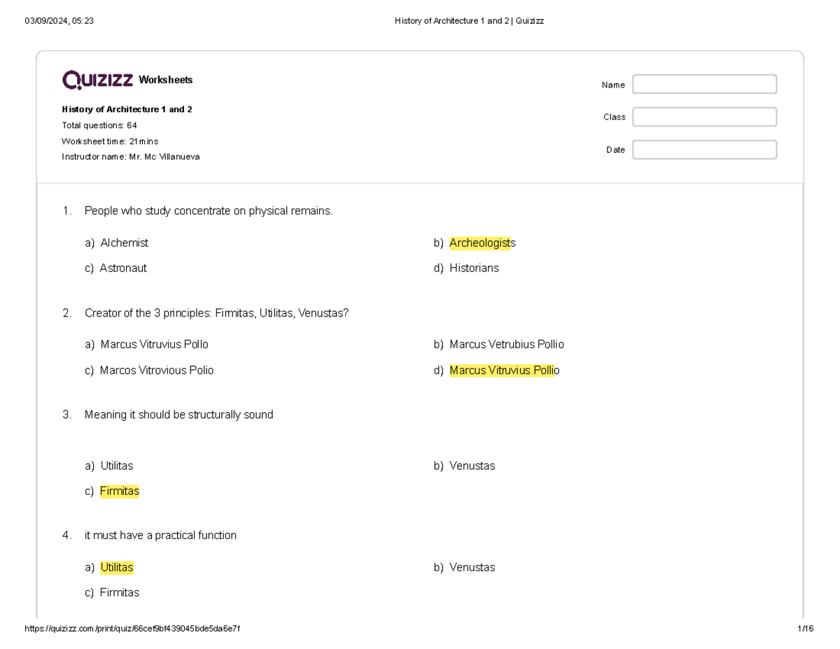 History of Architecture 5 answer key - Worksheets History of ...