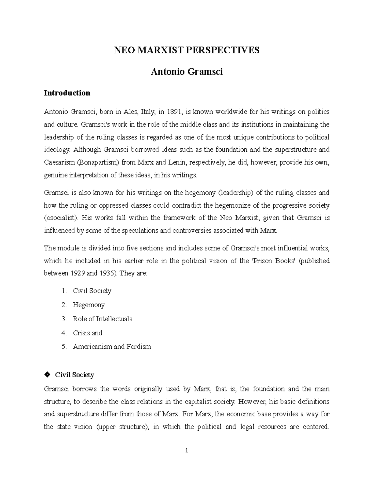 Neo-Marxist Perspective Studies - NEO MARXIST PERSPECTIVES Antonio ...