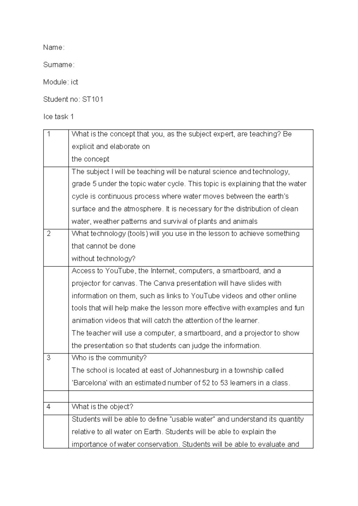 St10104455ict task - Name: Surname: Module: ict Student no: ST Ice task ...