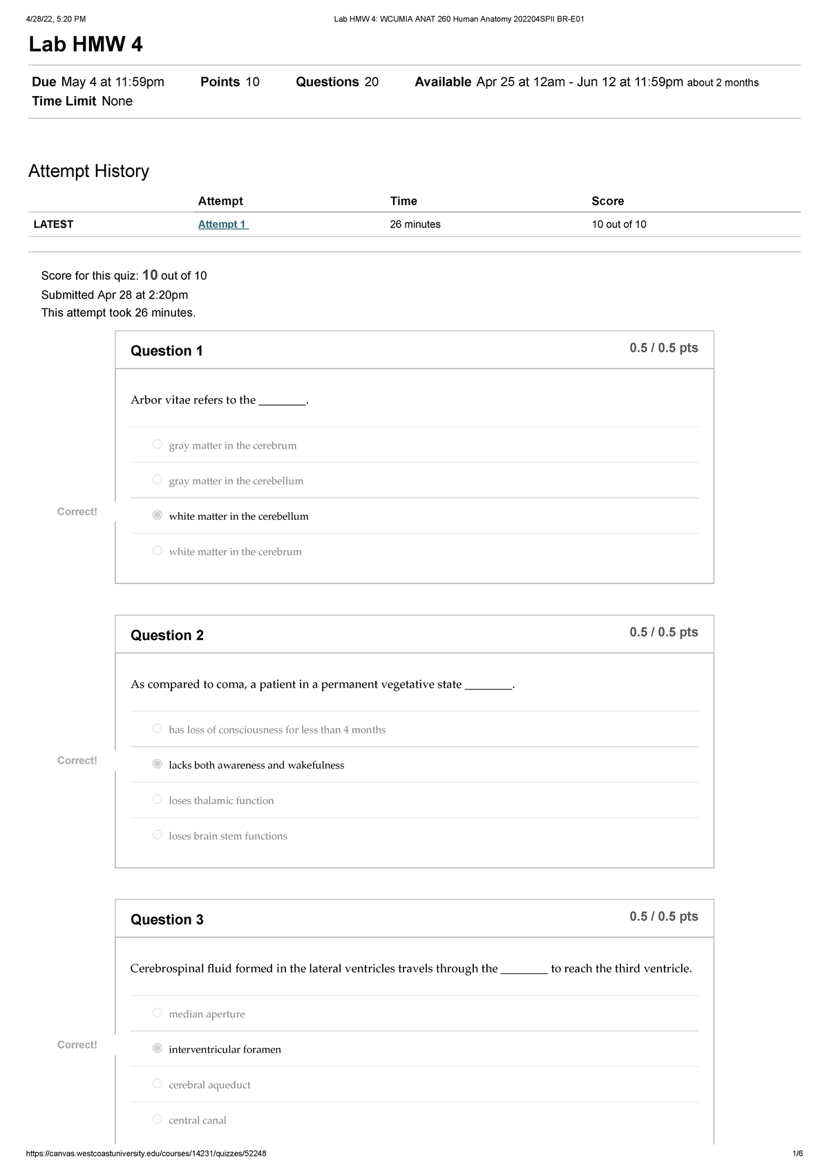 Lab HMW 4 Wcumia ANAT 260 Human Anatomy 202204 SPII BR-E01 - Lab HMW 4 Due May 4 at 11:59pm ...
