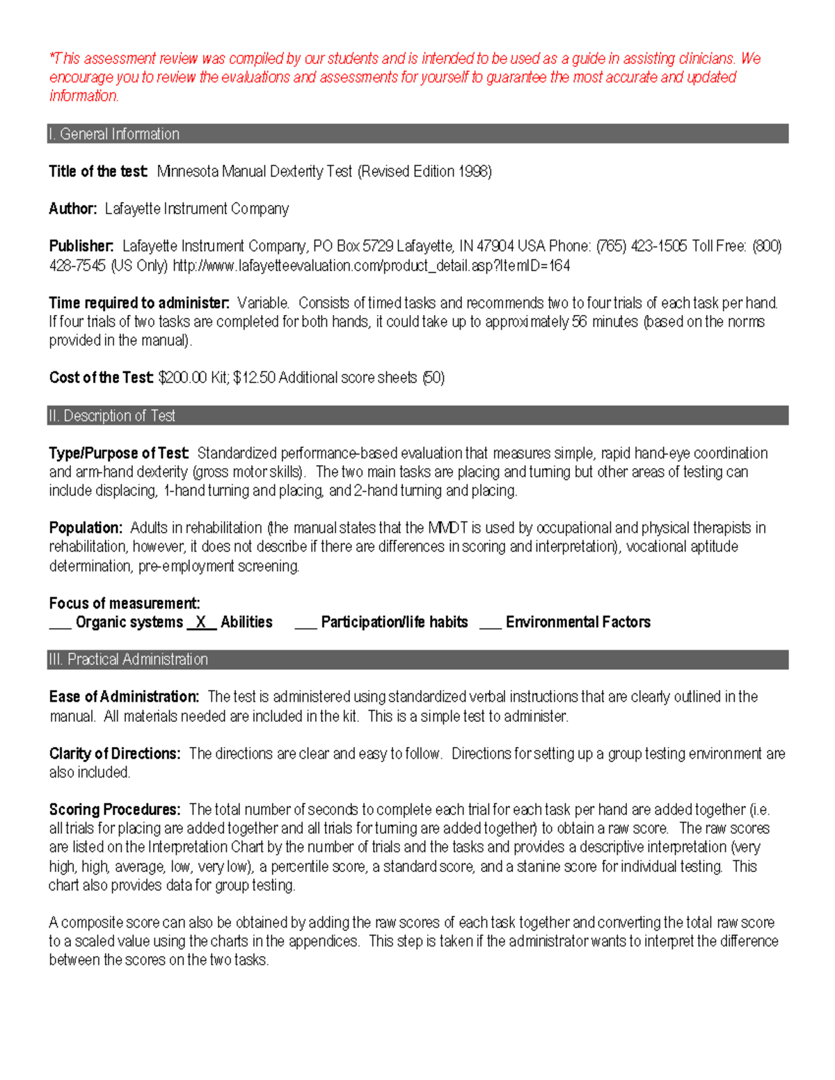 Mmdt - *This assessment review was compiled by our students and is ...