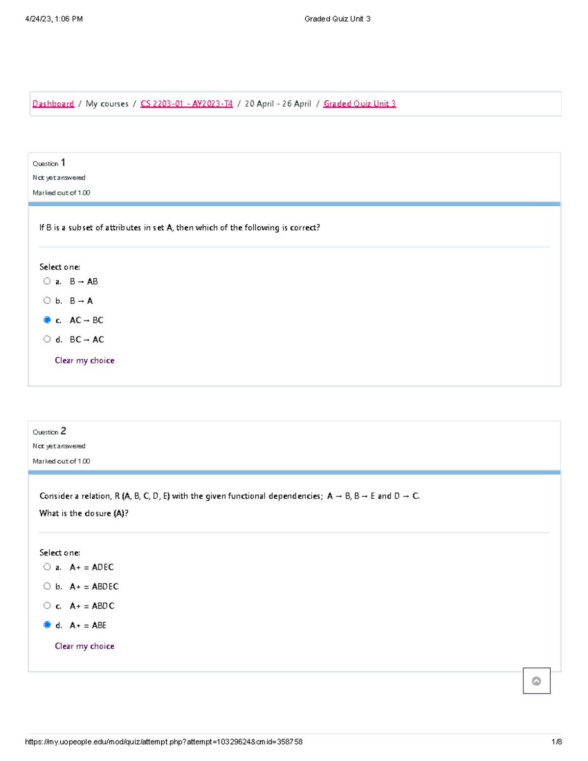 Graded Quiz Unit 3 - Practice - Question 1 Not yet answered Marked out of 1. Question 2 Not yet ...