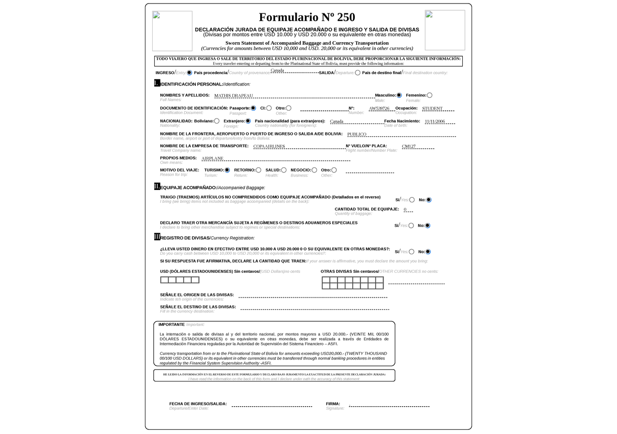 Mathis Drapeau(formulaire 250 Entrer)v3 - Formulario Nº 250 DECLARACIÓN ...
