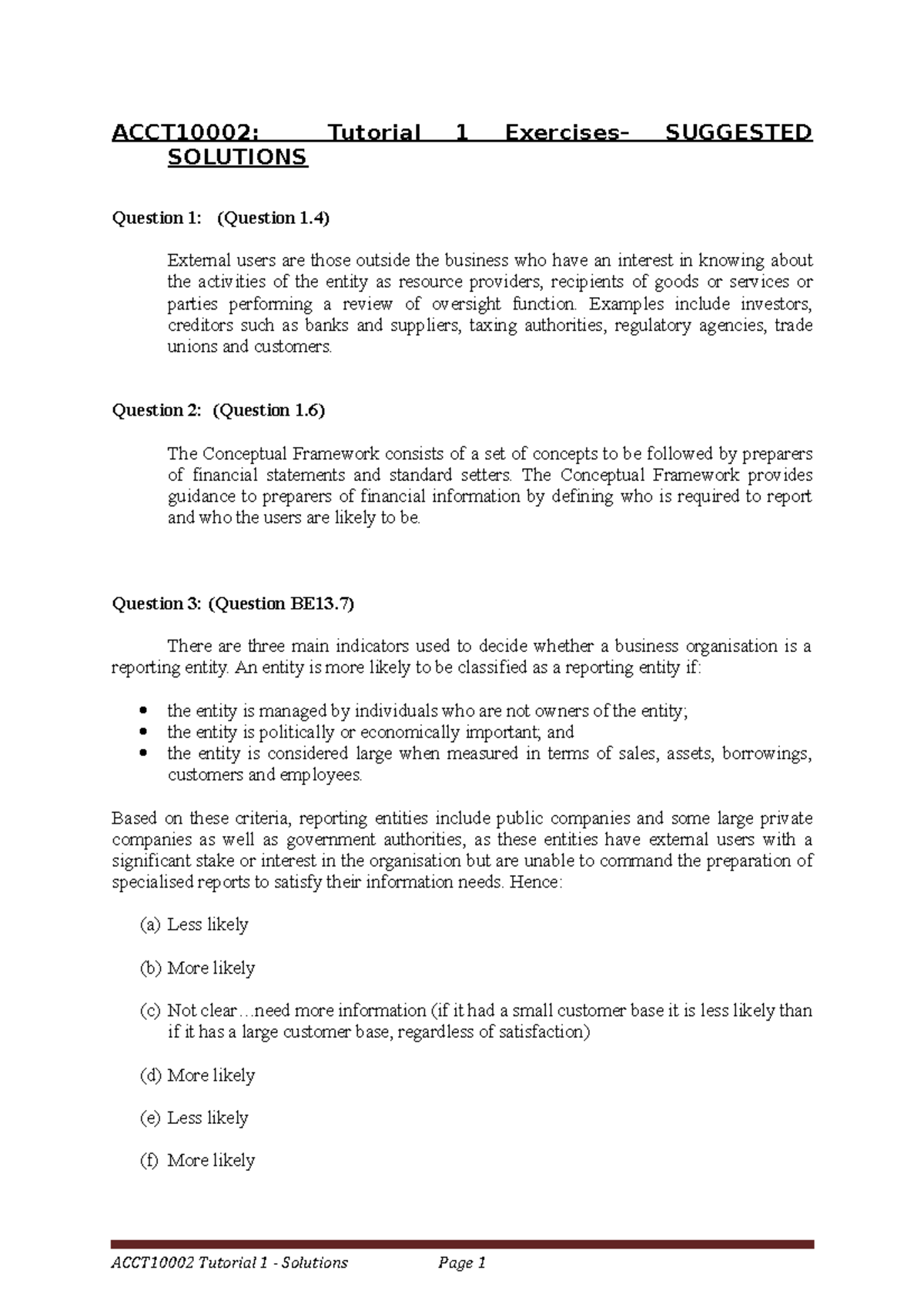 ACCT10002 Tutorial 1 Solutions 2018 Sum - ACCT10002: Tutorial SOLUTIONS 1 Exercises– SUGGESTED ...