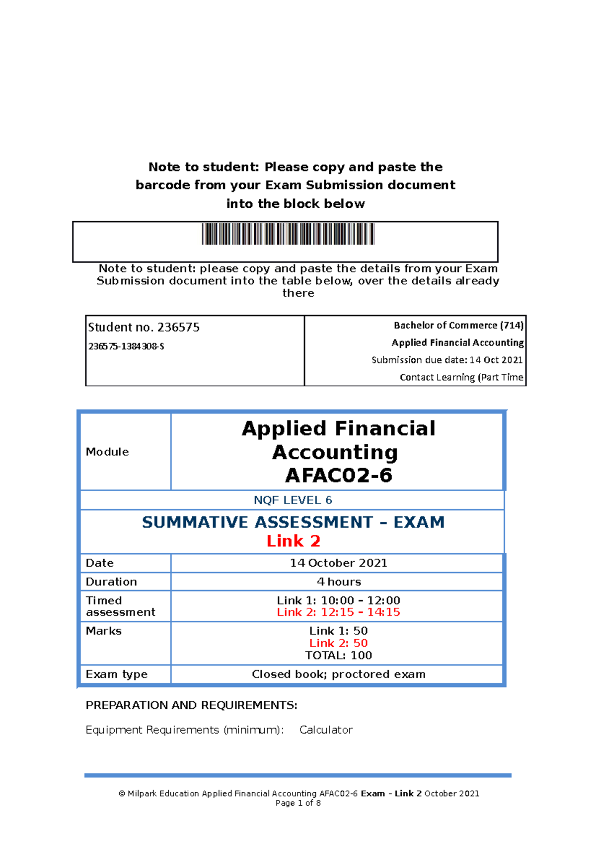 Z Exam - Link 2 TYPE-IN AFAC02-6 14 October 2021 BC - Note to student ...