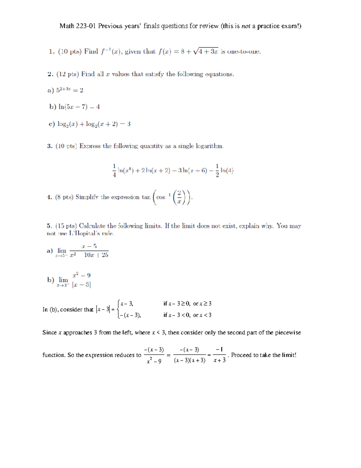 Final exam question compilation for review - MATH 224 - In (b), consider that 3, if 3 0, or 3 3 ...