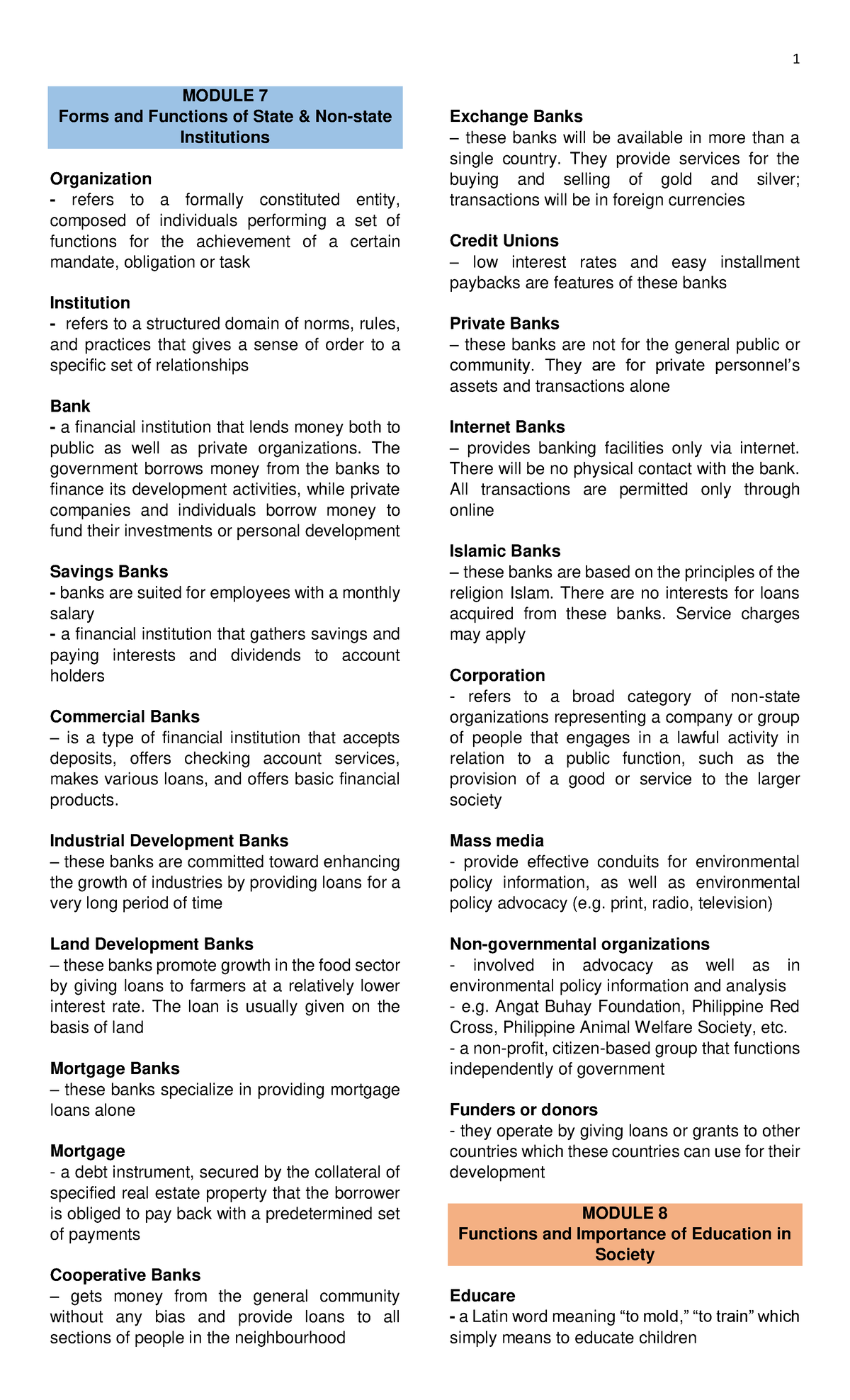 UCSP- Finals- Reviewer - MODULE 7 Forms and Functions of State & Non-state Institutions - Studocu