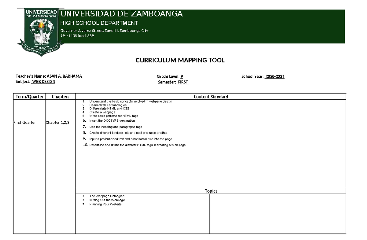 Curriculum Map Template THS-IT 9 Web Design - UNIVERSIDAD DE ZAMBOANGA ...