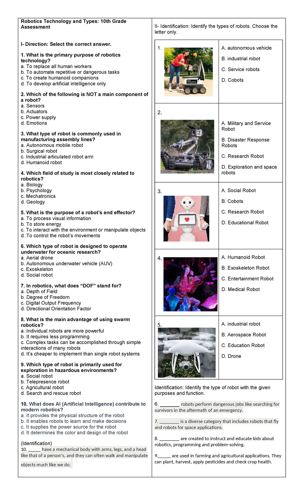 10th Grade Robotics Concepts Questions - Robotics Technology and Types ...