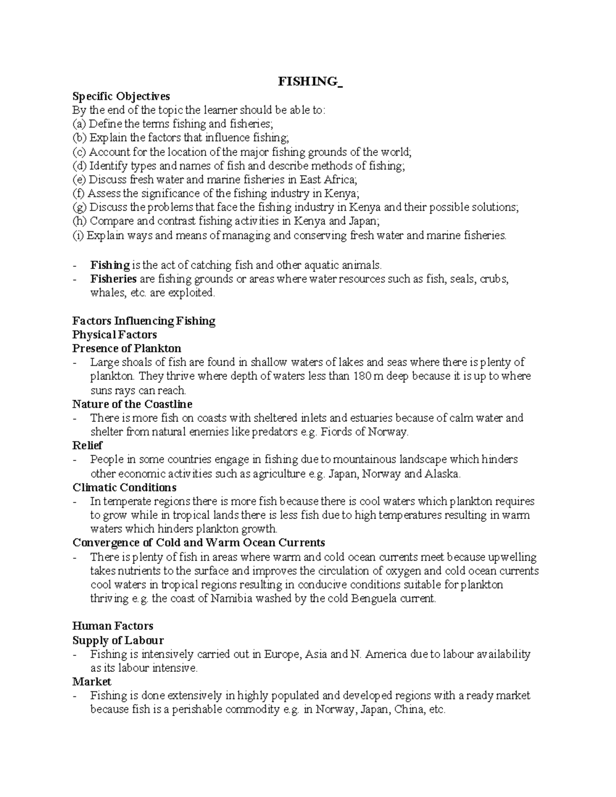 3. Fishing - FISHING Specific Objectives By the end of the topic the ...