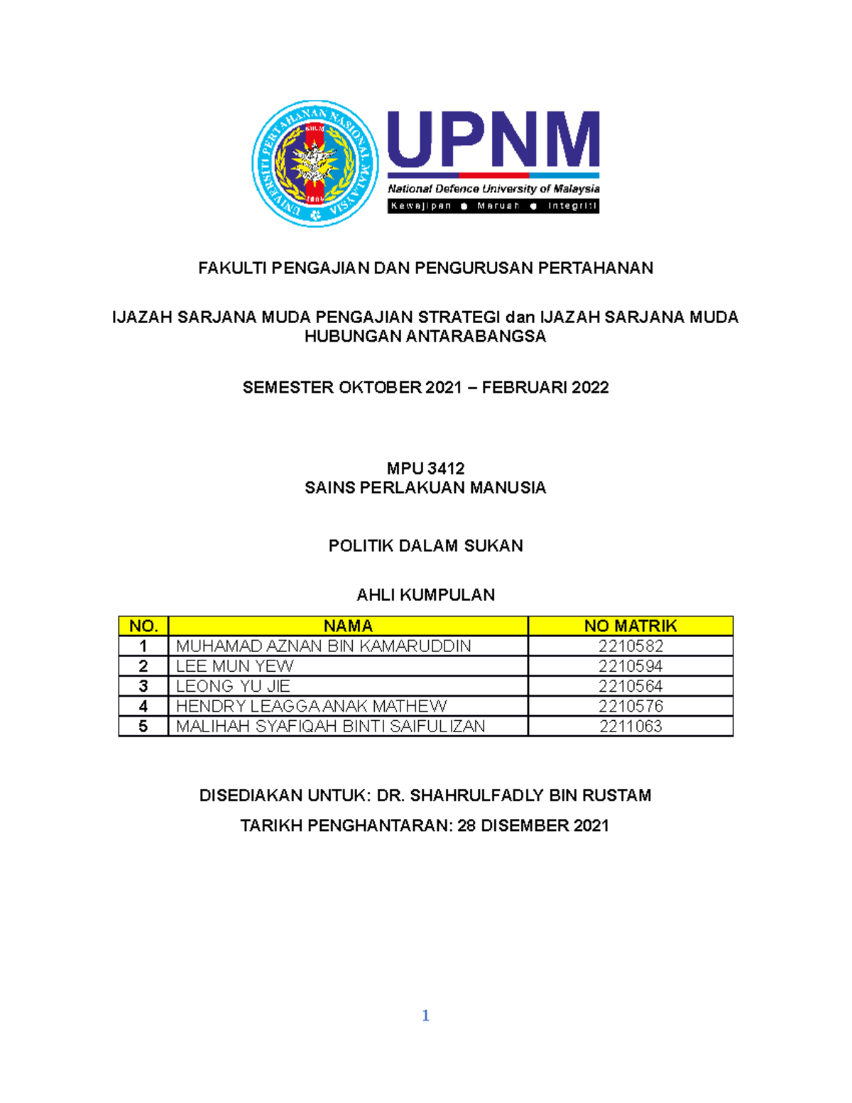 (assignment) Politik Dalam Sukan - FAKULTI PENGAJIAN DAN PENGURUSAN ...