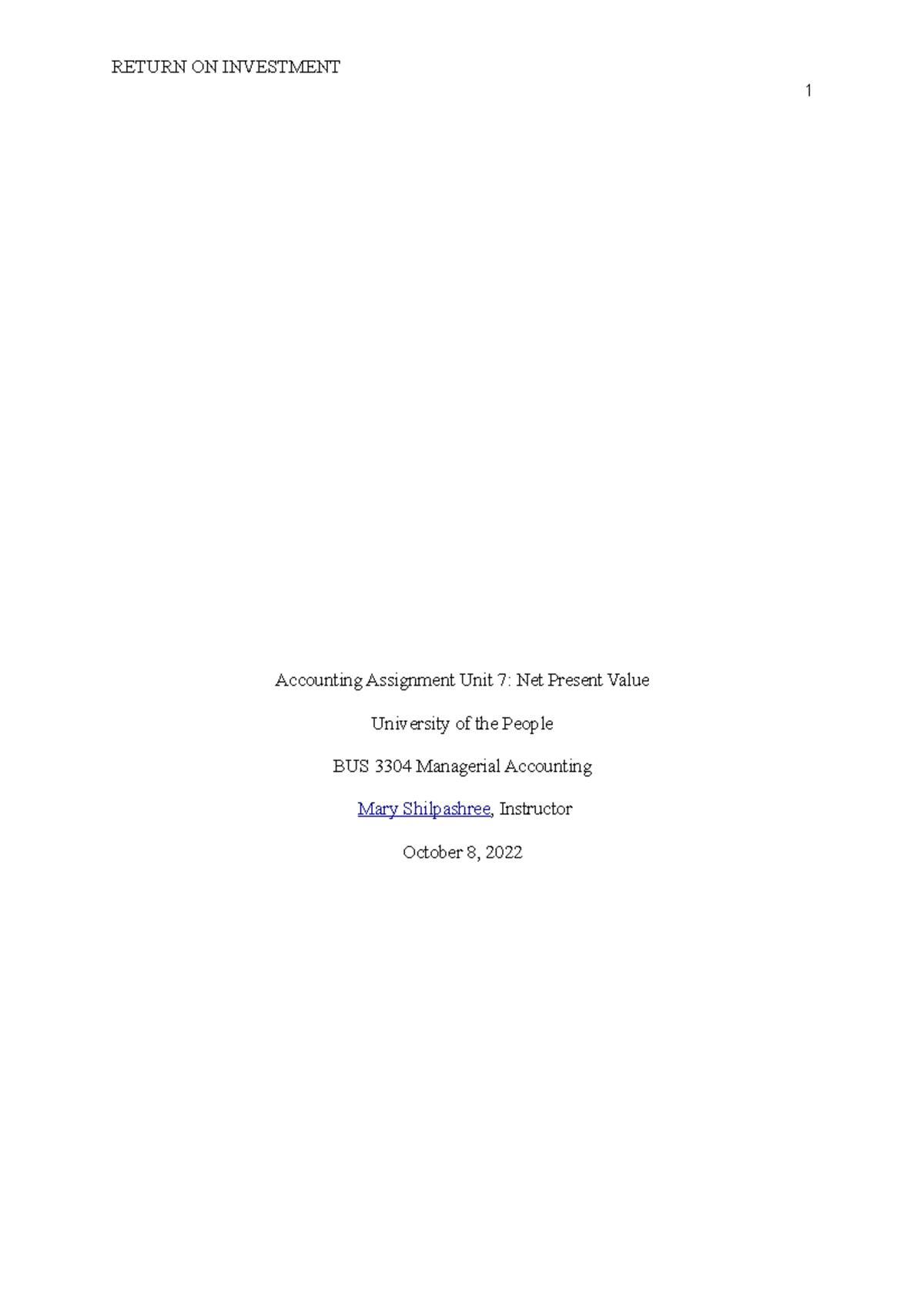 7 Accounting Assignment Unit 7 1 Accounting Assignment Unit 7 Net Present Value University Of