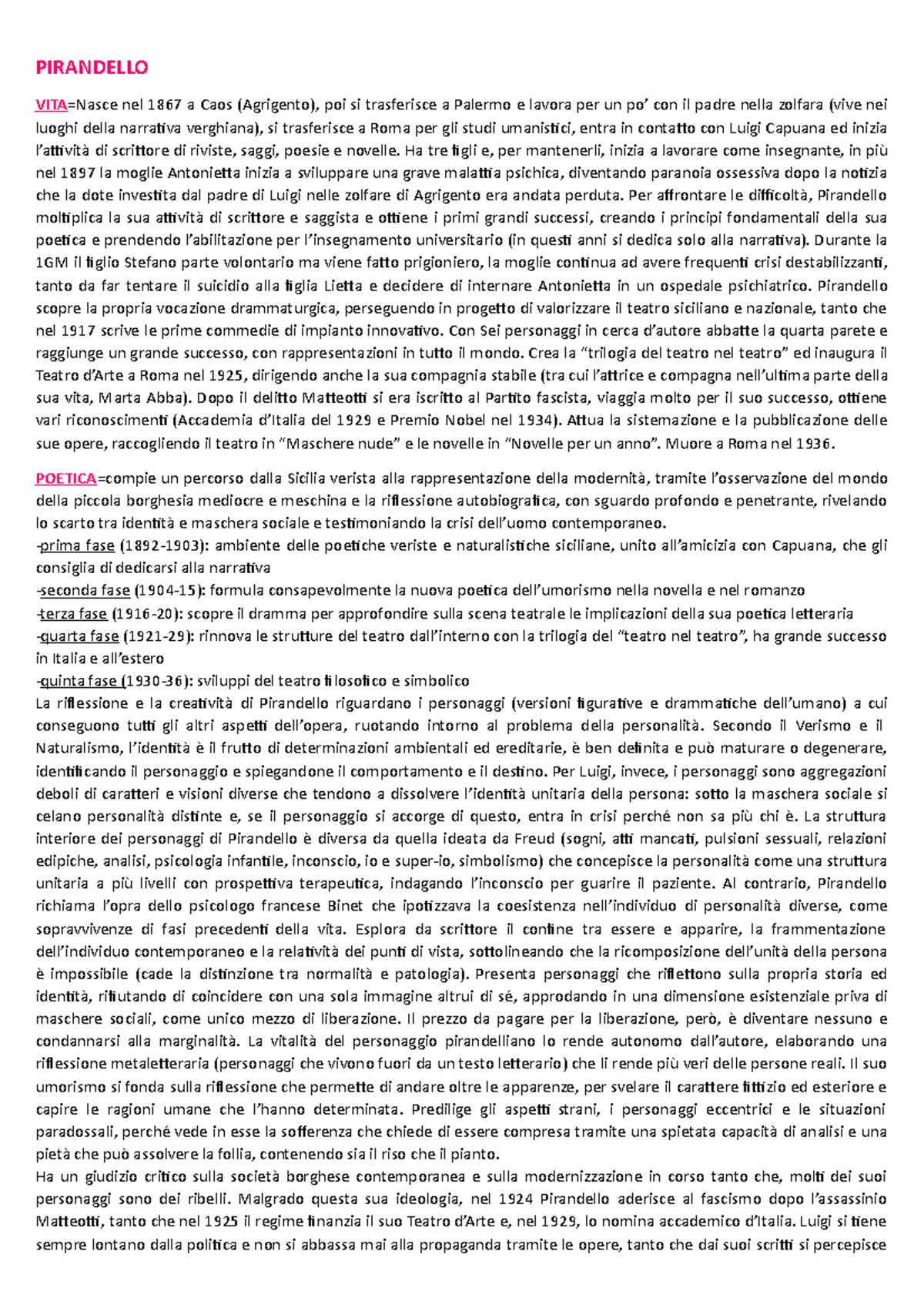 Pirandello e Svevo riassunto liceo classico - PIRANDELLO VITA=Nasce nel 1867 a Caos (Agrigento ...